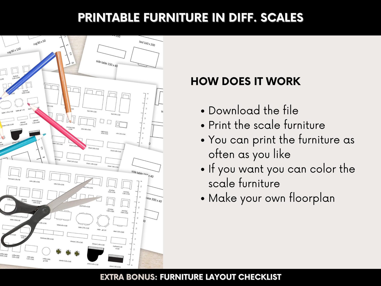 Printable Furniture Templates Bundle Scale 1/25 1/50 1/75, A4 PDF and ...