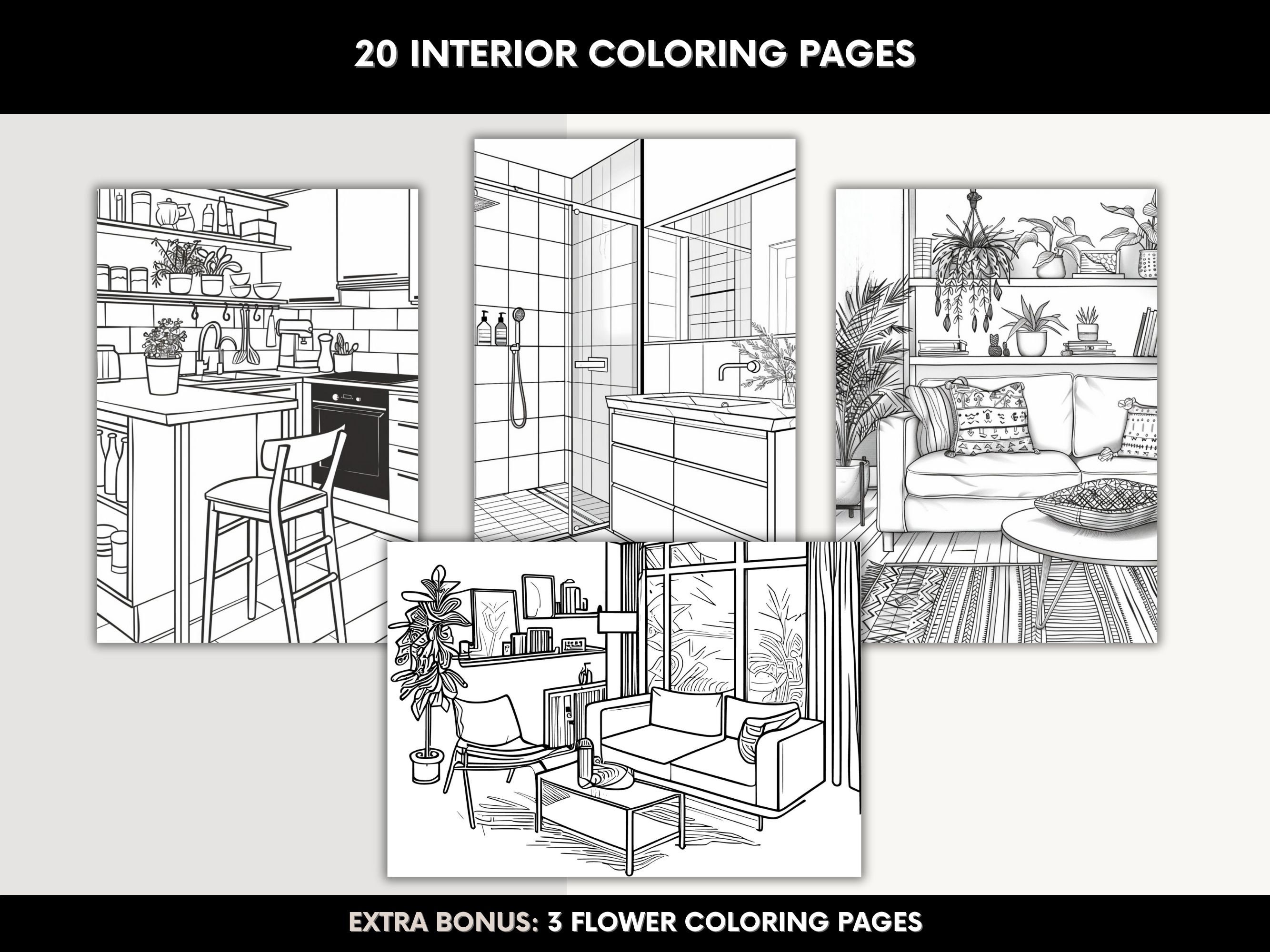 Cozy Home Coloring Pages, Living Room, Kitchen, Bedroom, Bathroom ...