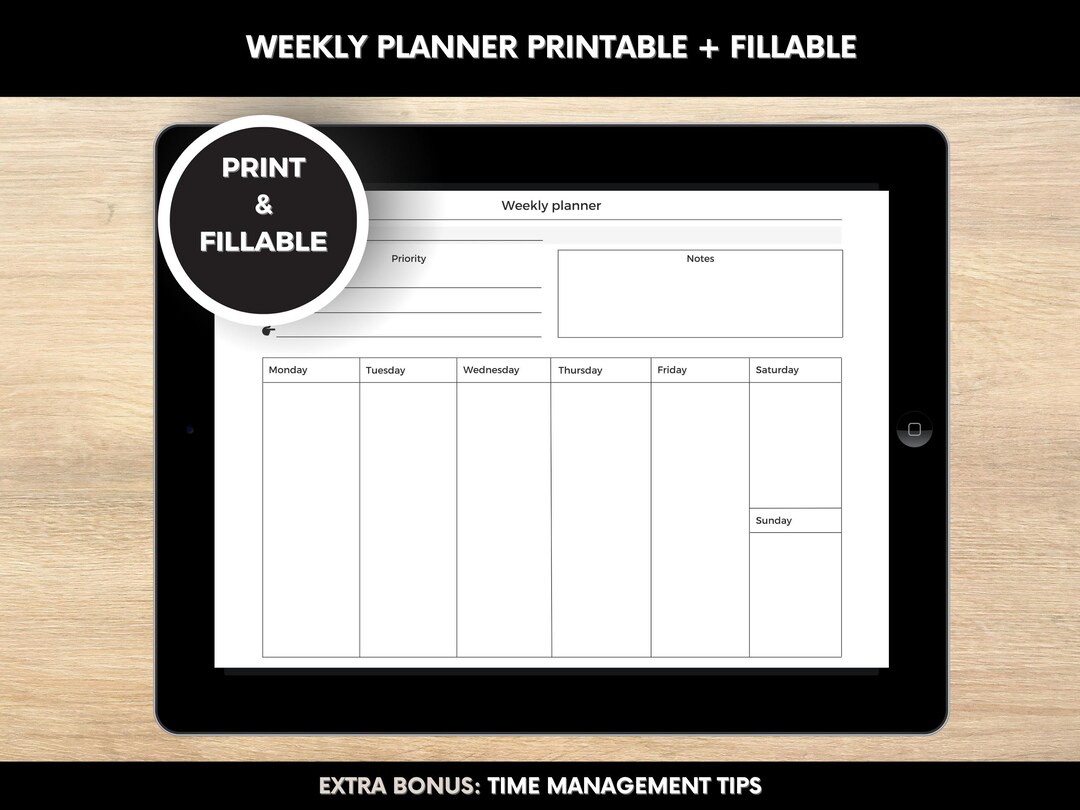 Planner Printable, Weekly Organizer, Black and White Weekly Planner ...