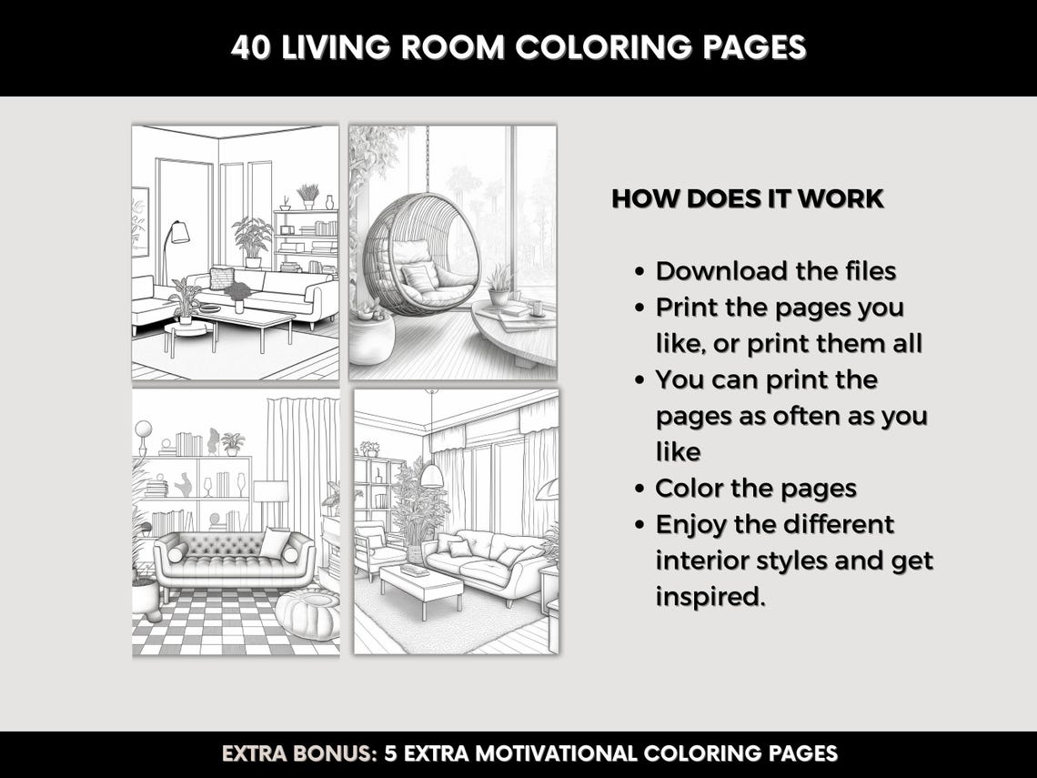 Relaxing Interior Design Coloring Book, 40 Printable Home Decor Pages ...