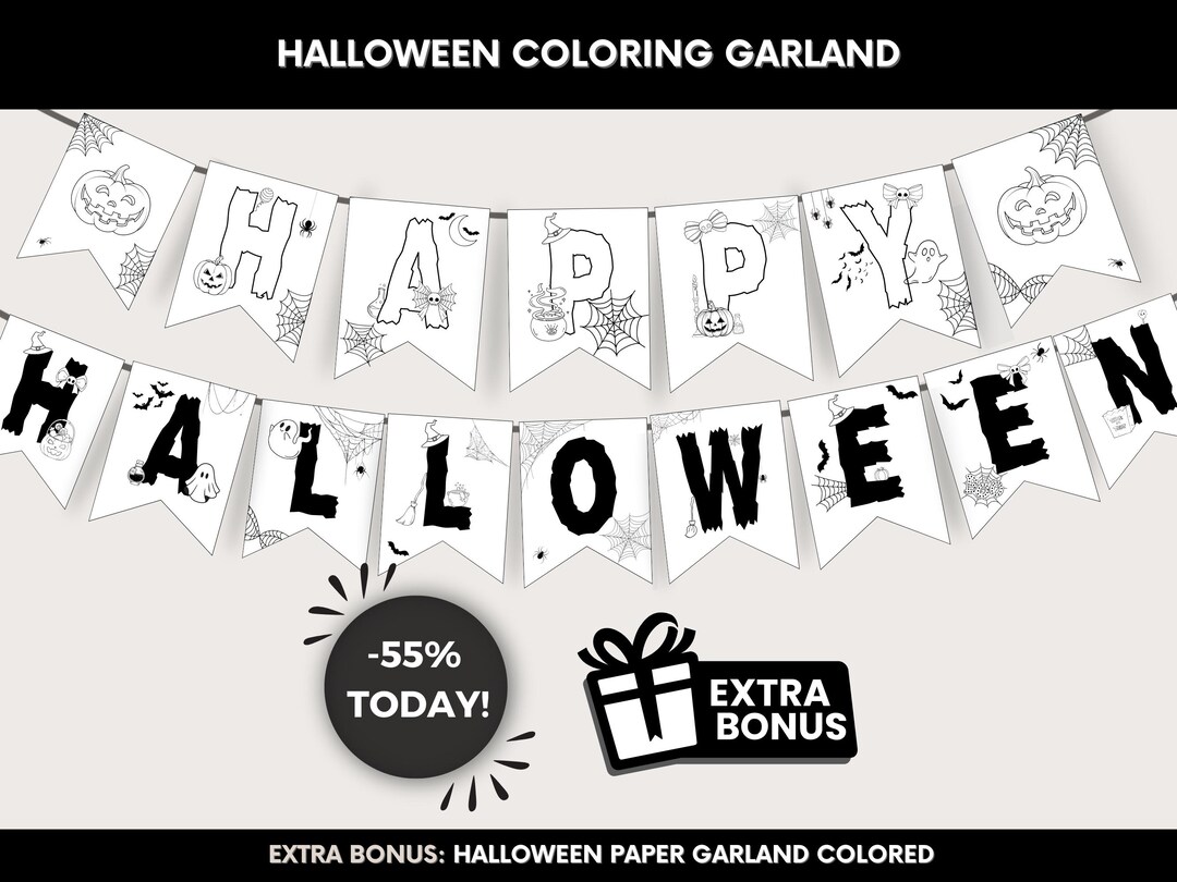 Printable Halloween Coloring Paper Garland, DIY Cut, Color, Halloween ...