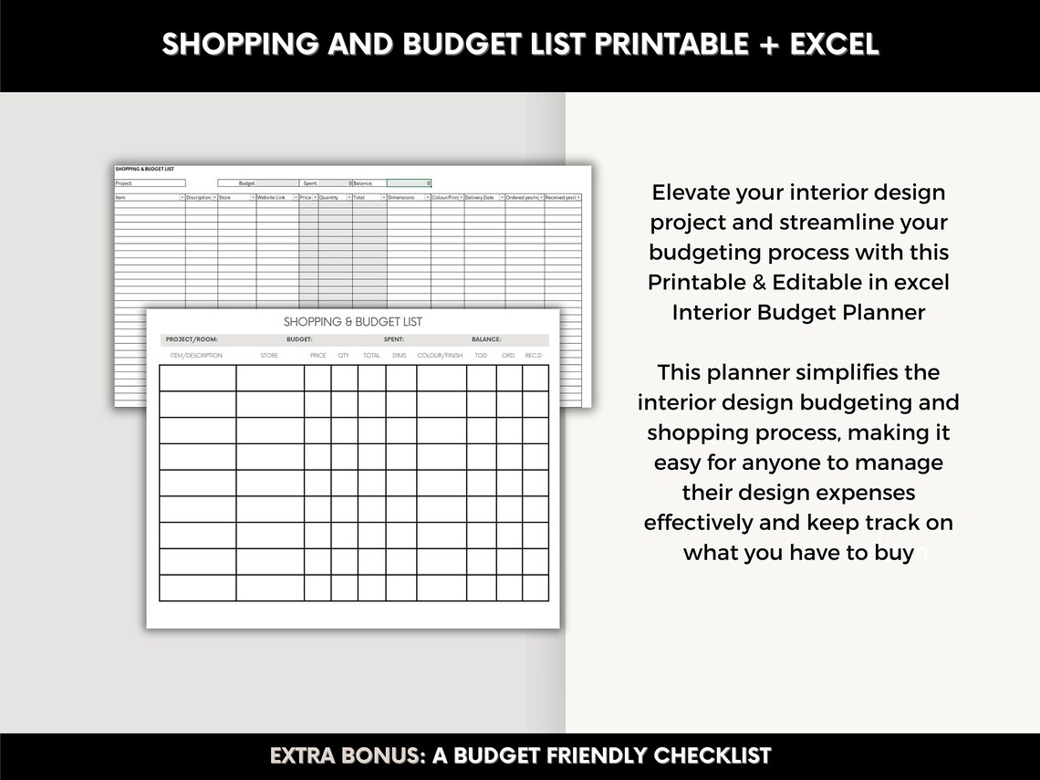 Budget Planner Excel and Printable Shopping List for Home Projects ...