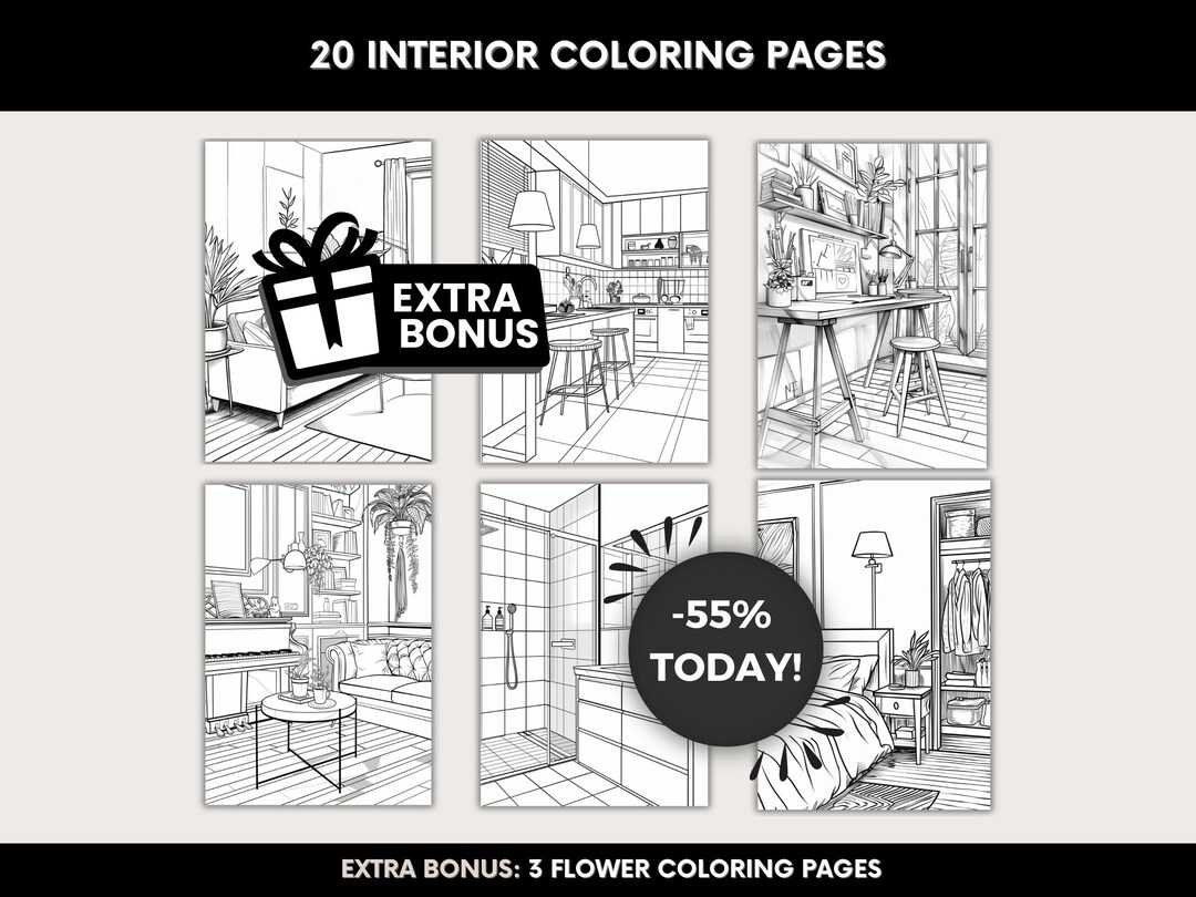 Cozy Home Coloring Pages, Living Room, Kitchen, Bedroom, Bathroom ...