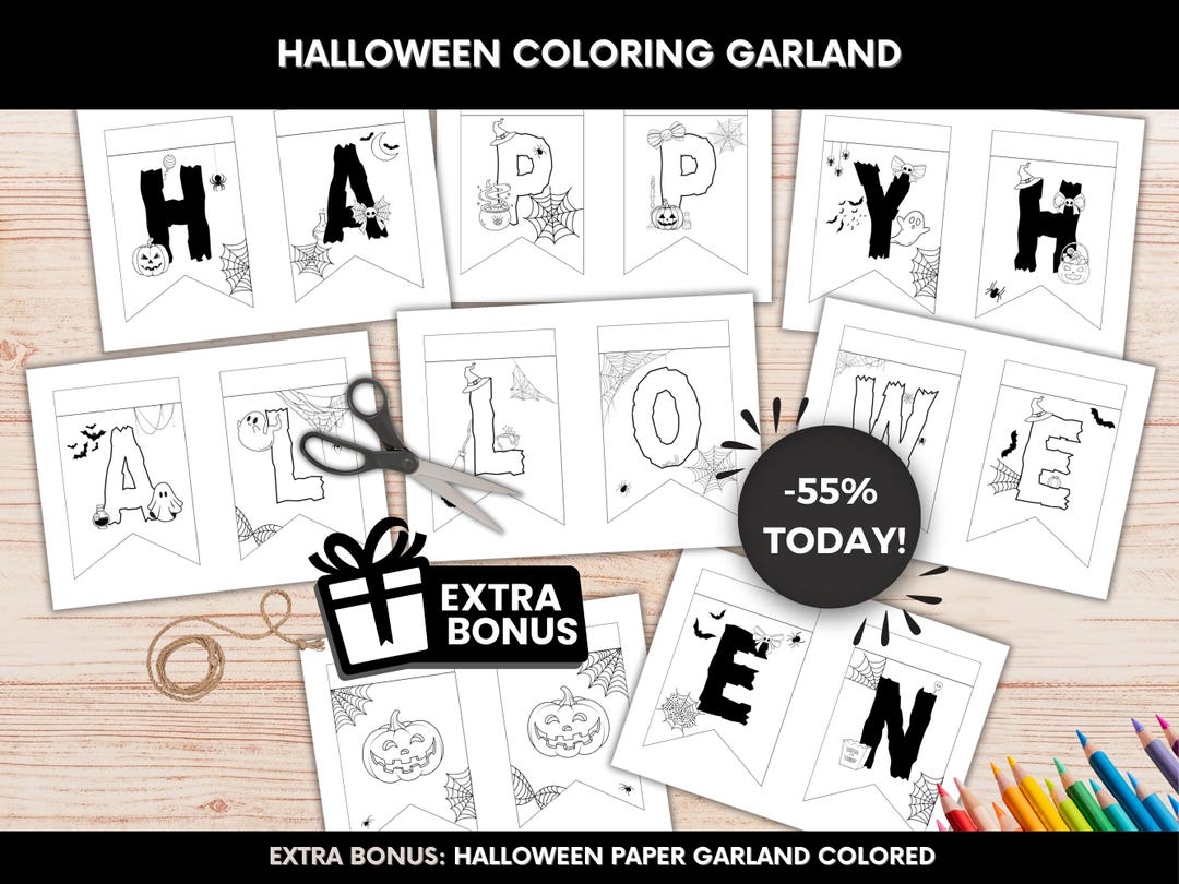 Printable Halloween Coloring Paper Garland, A4 DIY Banner With ...