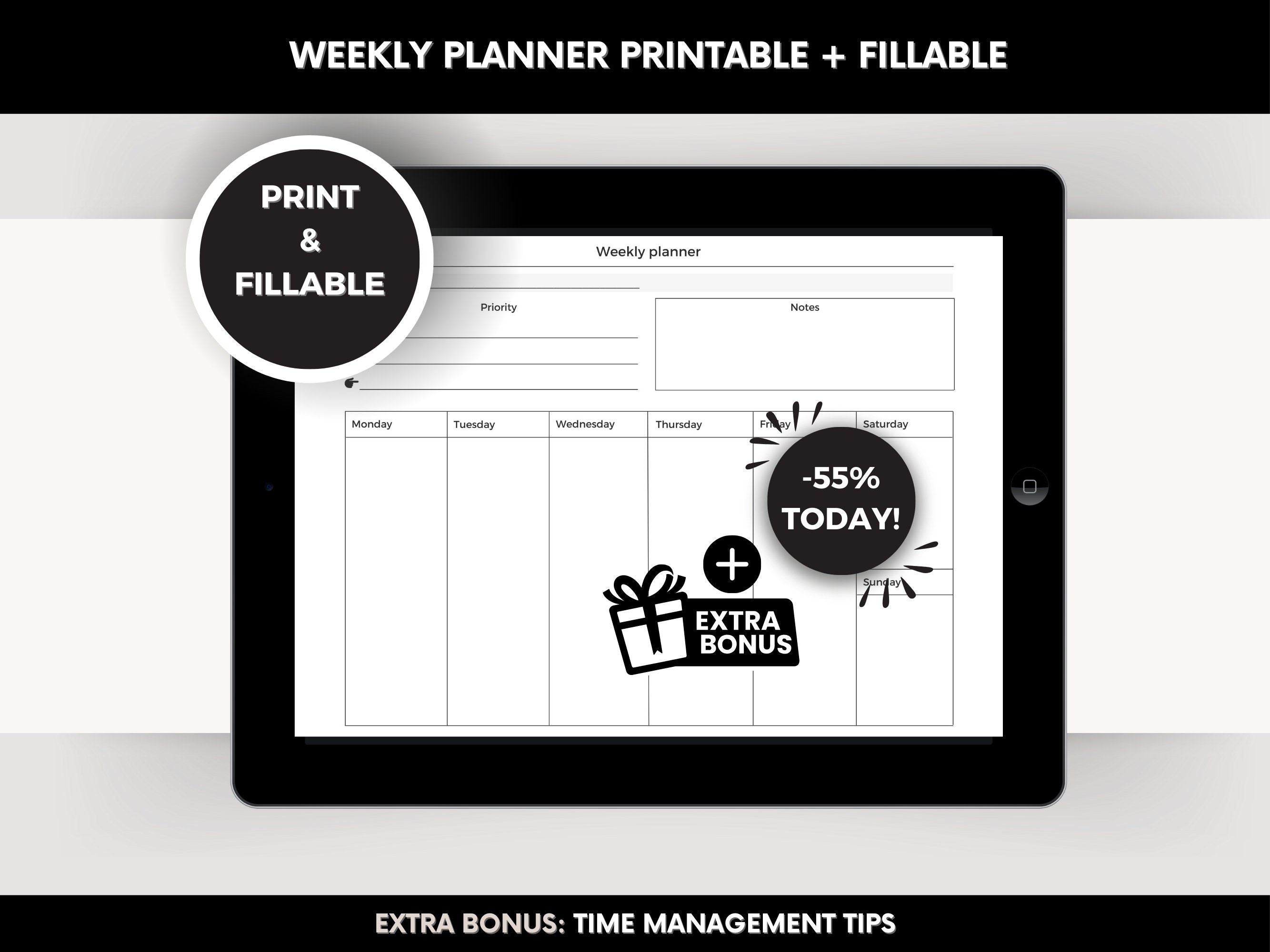Planner Printable, Weekly Organizer, Black and White Weekly Planner ...