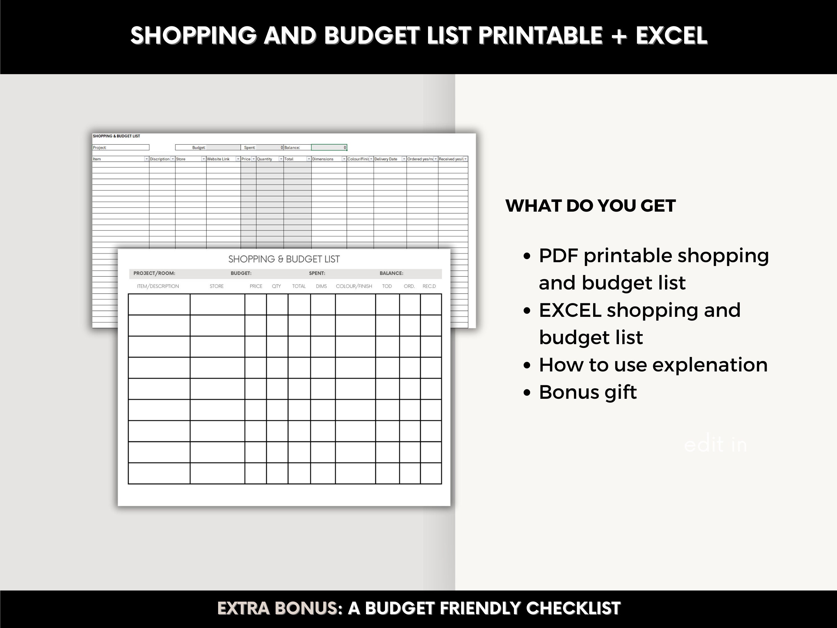 Budget Planner Excel and Printable Shopping List for Home Projects ...