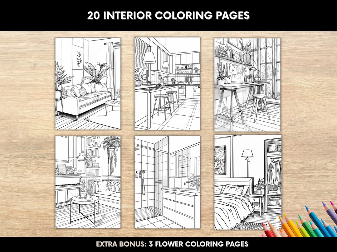 Cozy Home Coloring Pages, Living Room, Kitchen, Bedroom, Bathroom ...