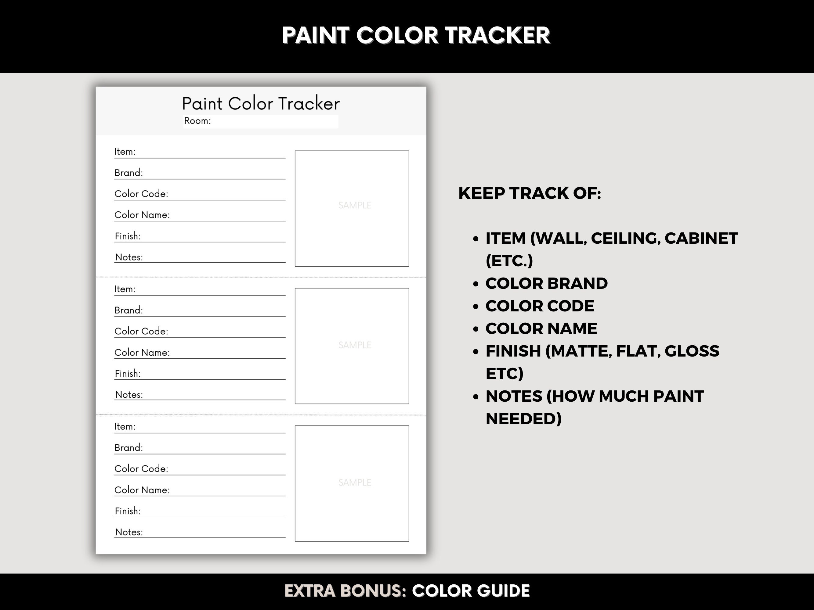 Paint Color Palette Printable, Paint Color Tracker, Color Brand, Colour ...