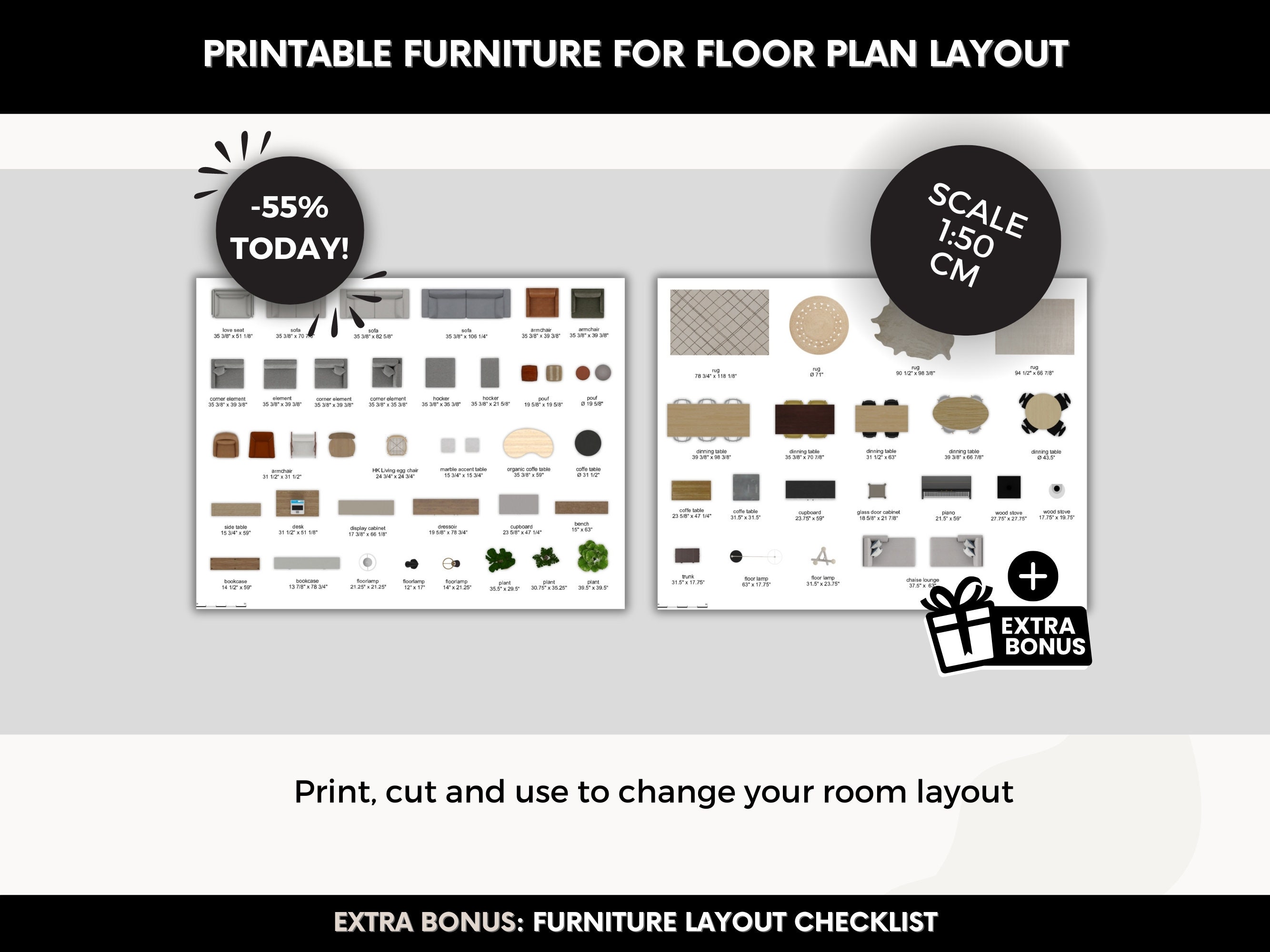 Printable Scale Furniture Cutouts for Living Room Floorplan, Living ...