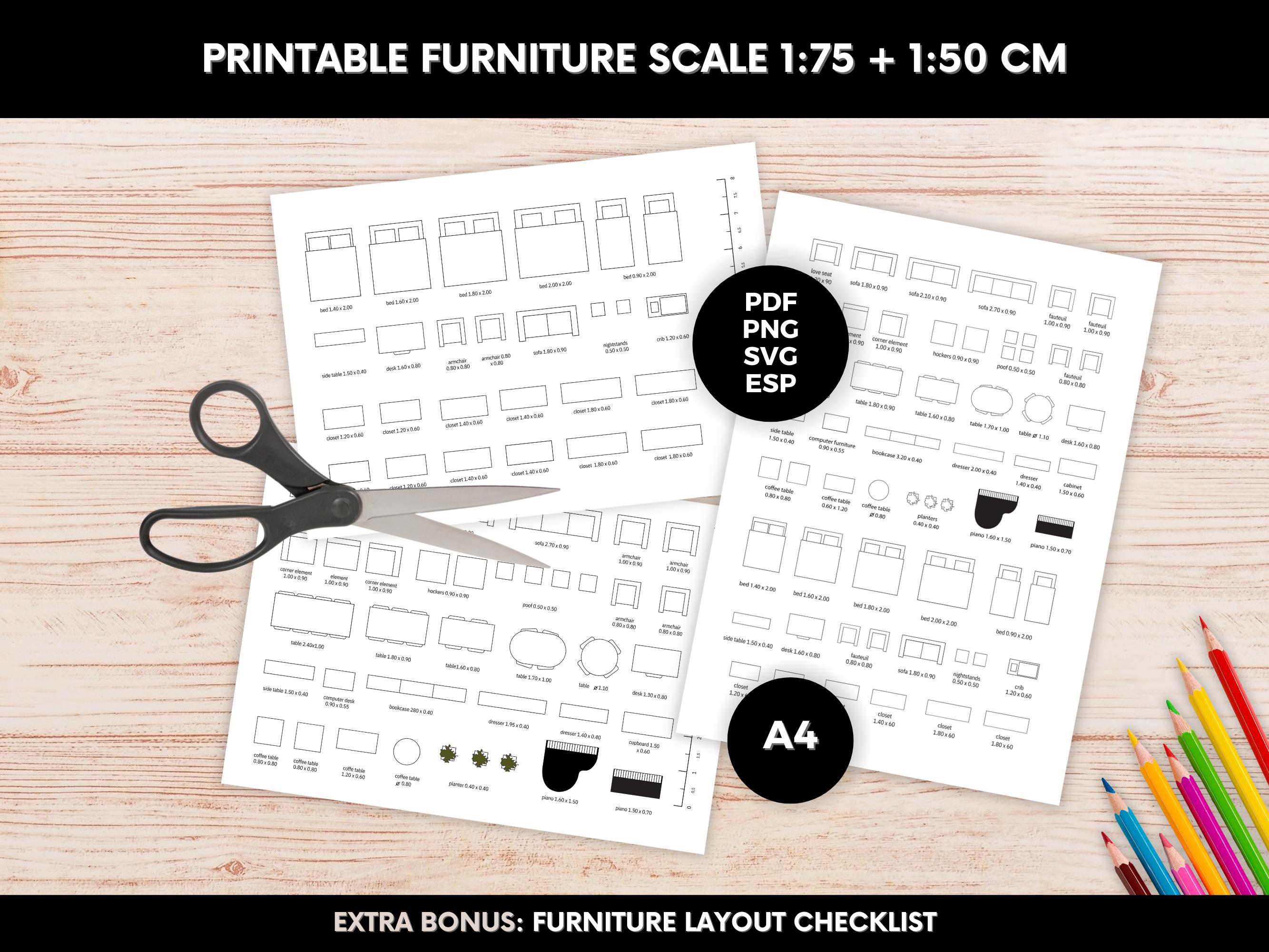 Miniature Printable Furniture Set in 2 Scales, Topview Furniture Bundle ...
