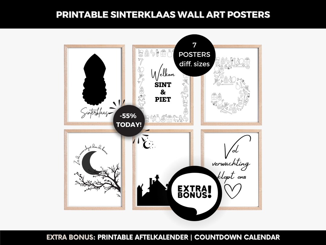 Printable Poster Bundle Sint and Piet, 7 Black and White Monochrome ...