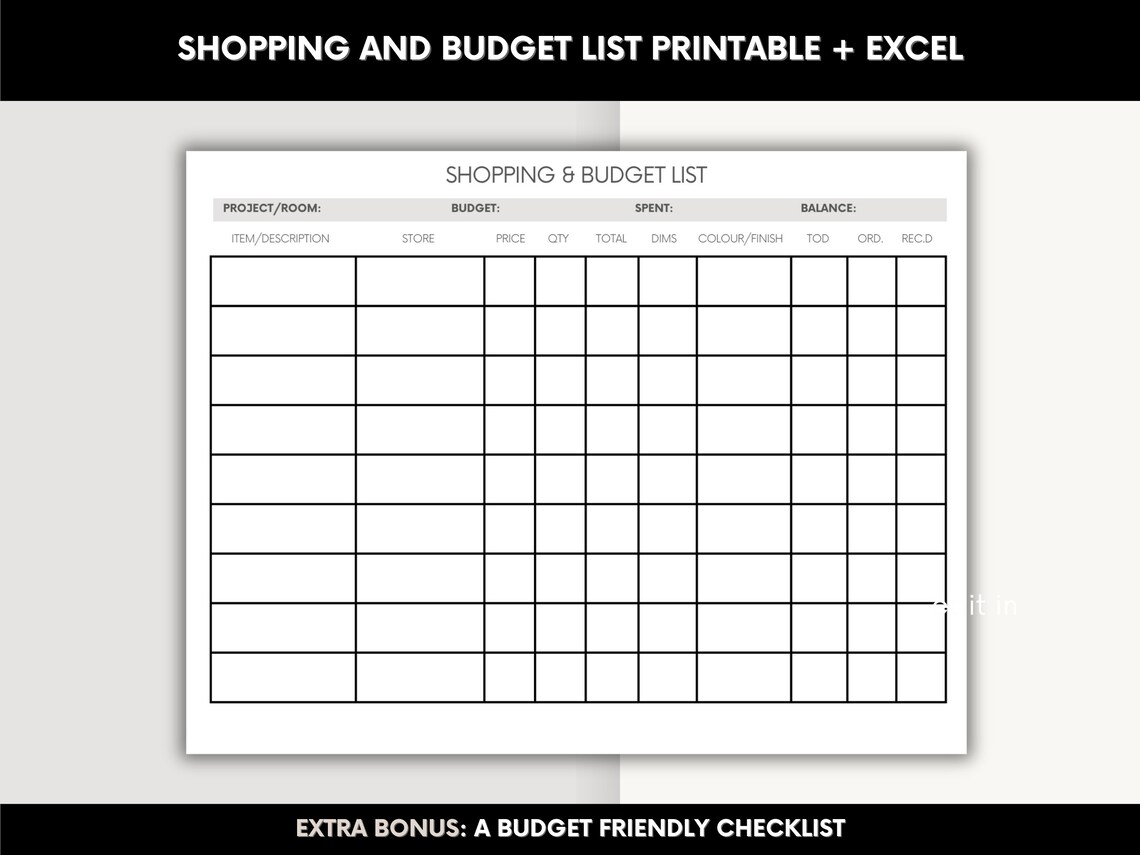 Budget Planner Excel and Printable Shopping List for Home Projects ...