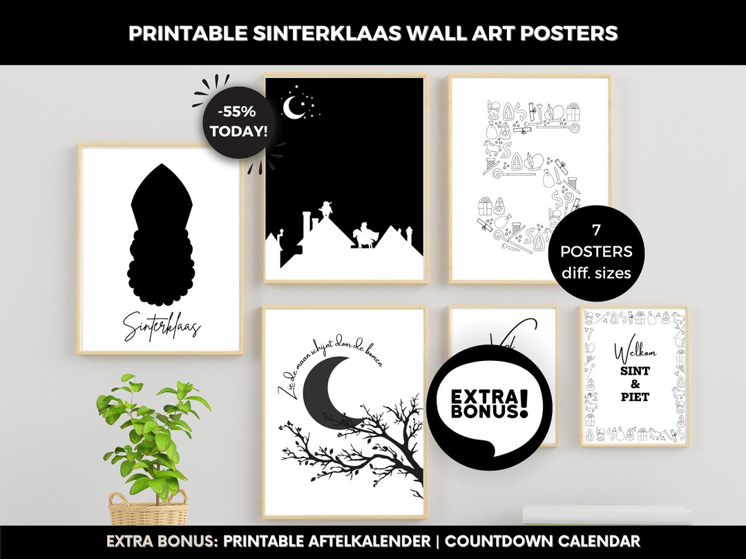 Sinterklaas Printable Poster Bundle, 7 Black and White Monochrome Wall ...