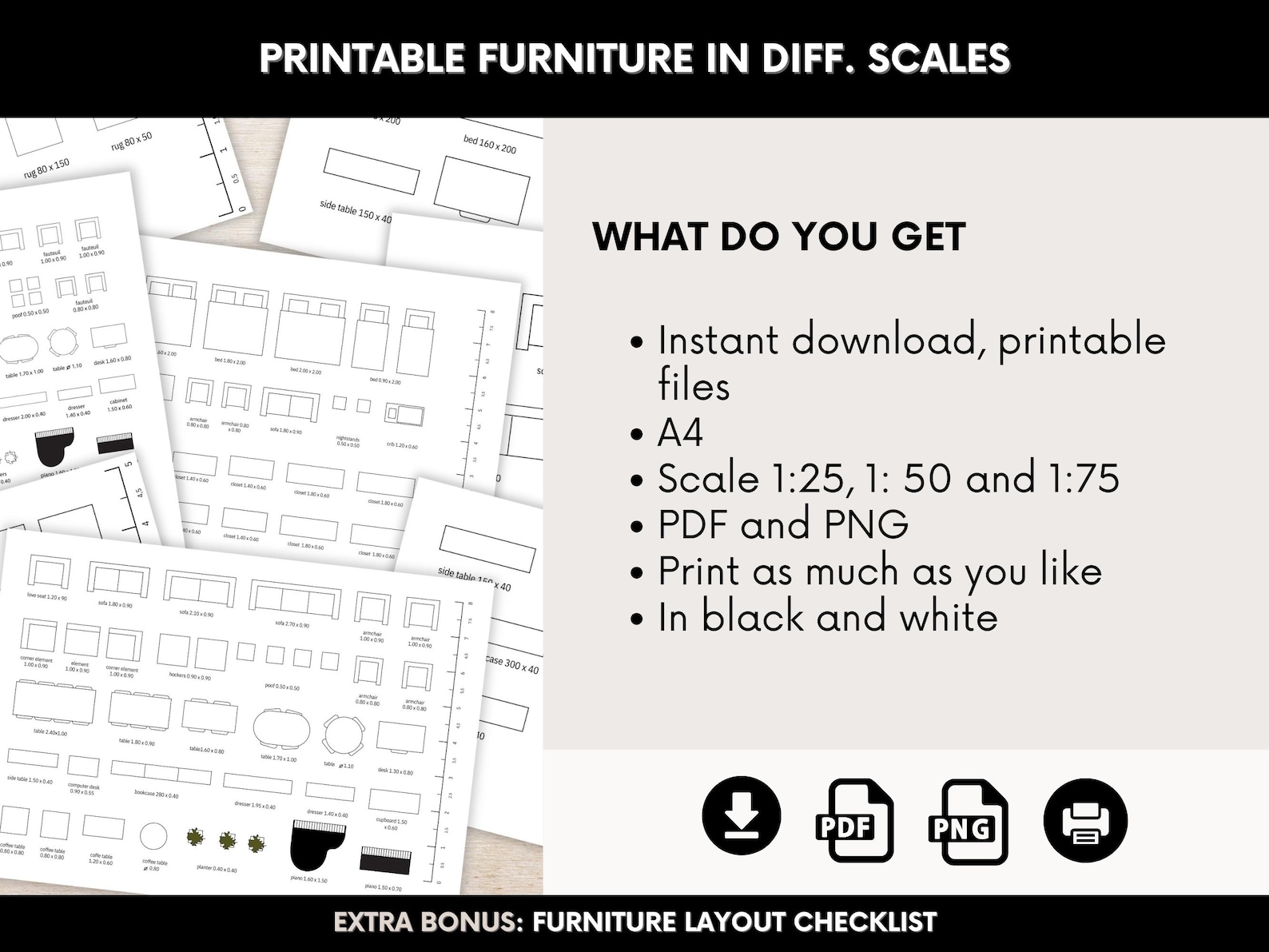 Printable Furniture Templates Bundle Scale 1/25 1/50 1/75, A4 PDF and ...