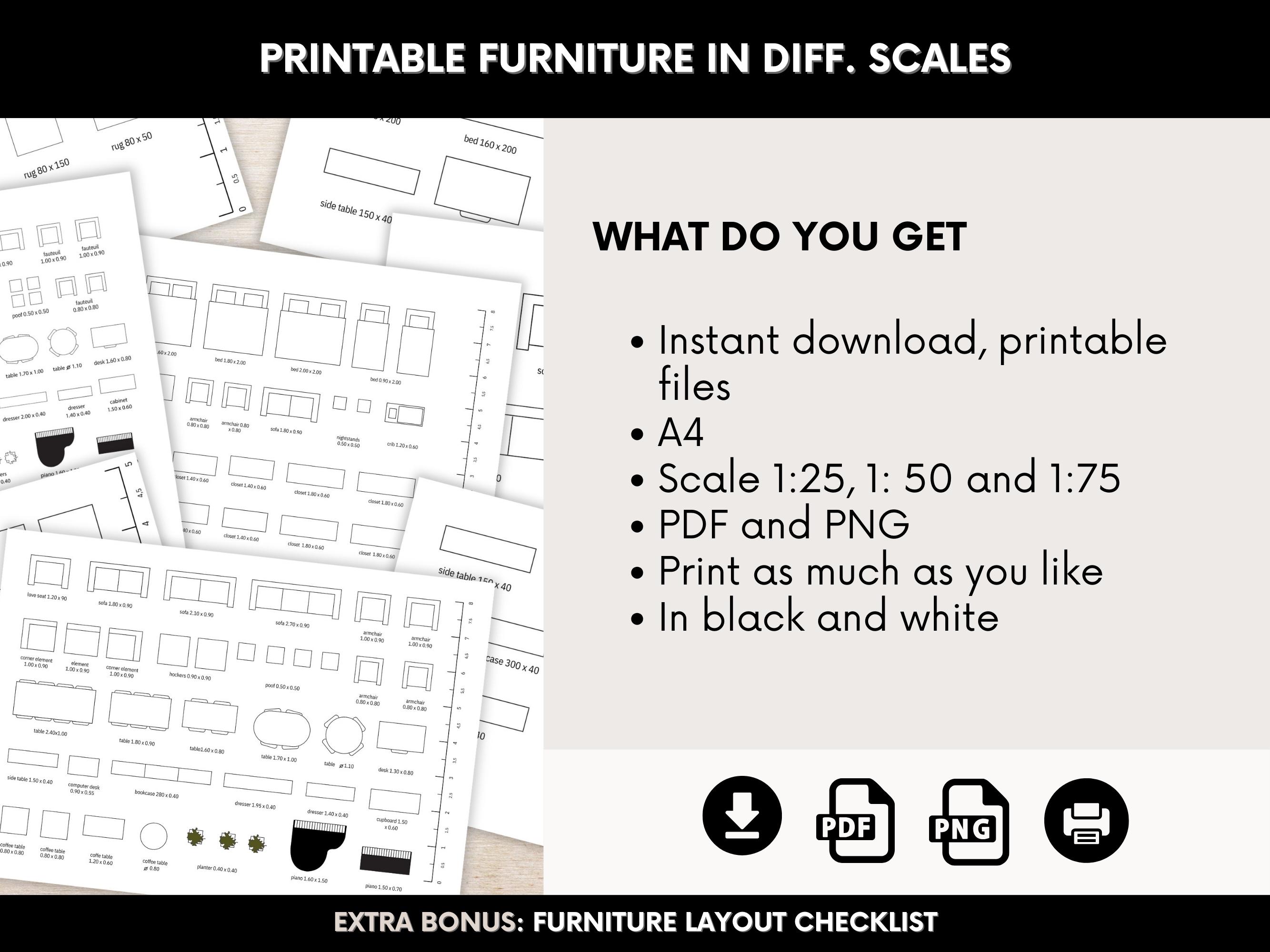 Printable Furniture Templates Bundle Scale 1/25 1/50 1/75, A4 PDF and ...