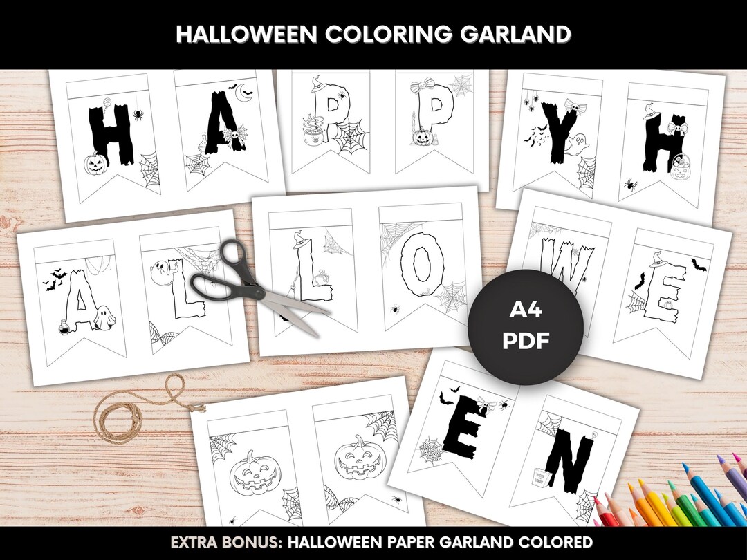Printable Halloween Coloring Paper Garland, A4 DIY Banner With ...
