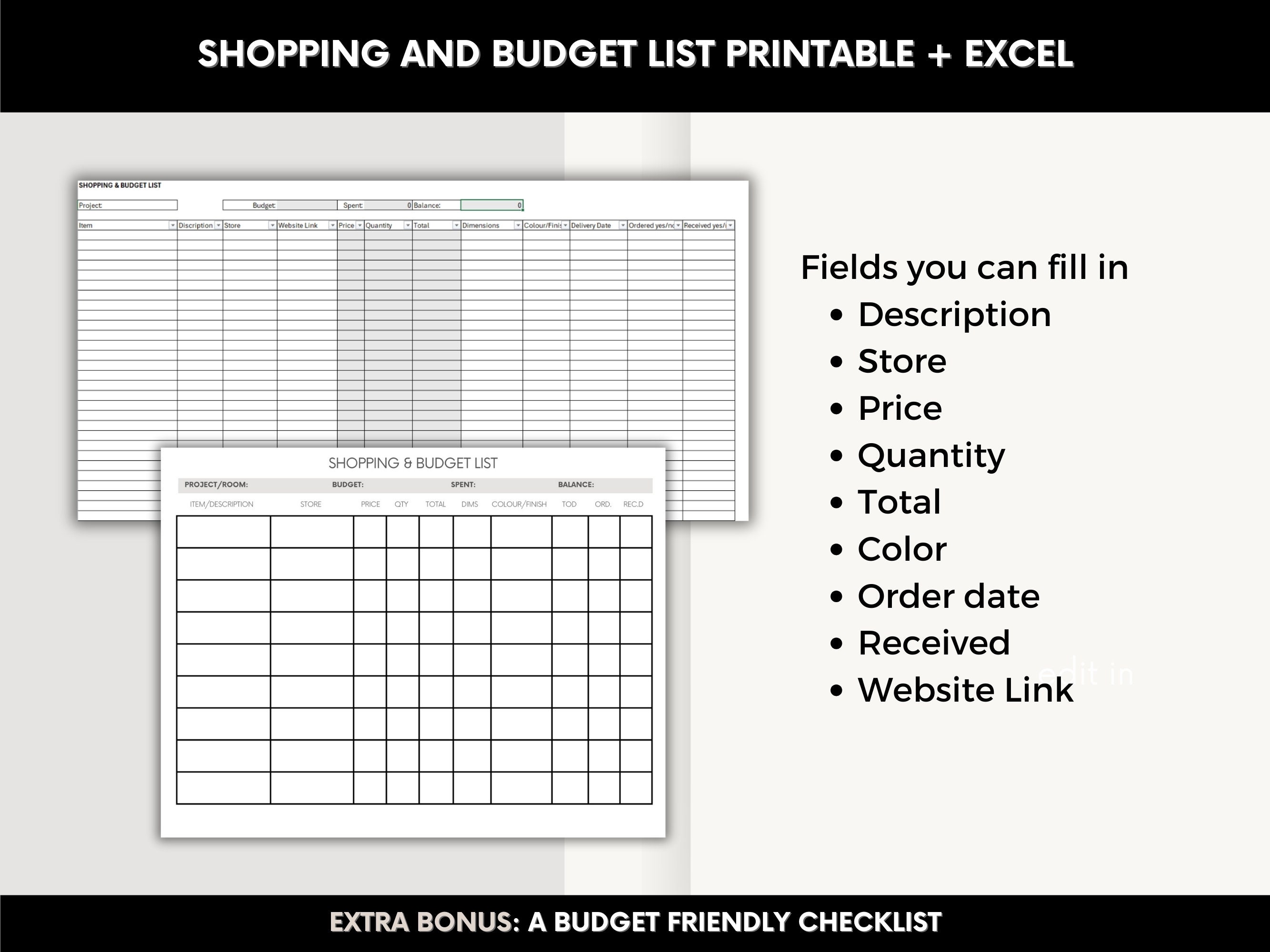 Budget Planner Excel and Printable Shopping List for Home Projects ...