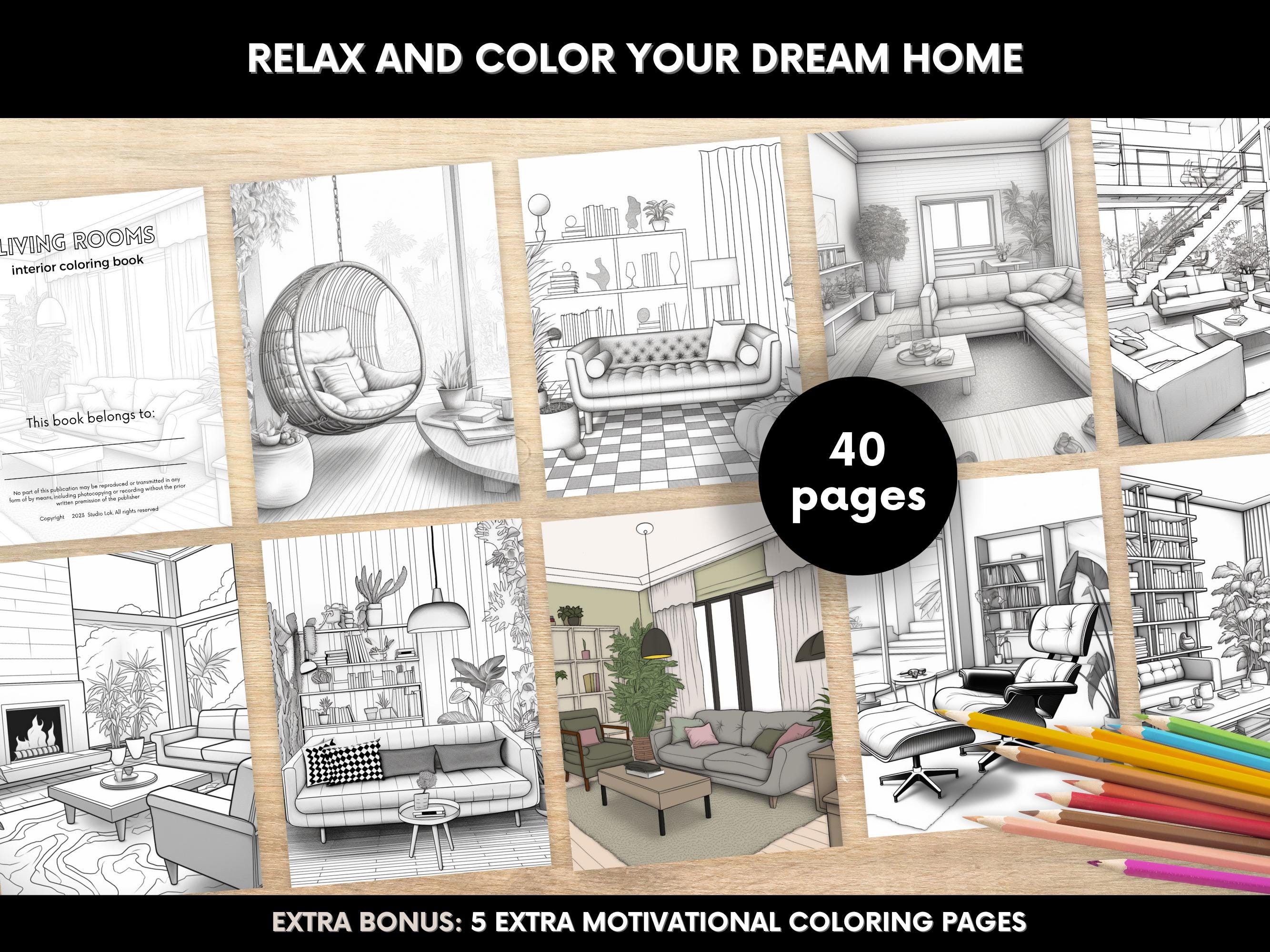 Relaxing Interior Design Coloring Book, 40 Printable Home Decor Pages ...