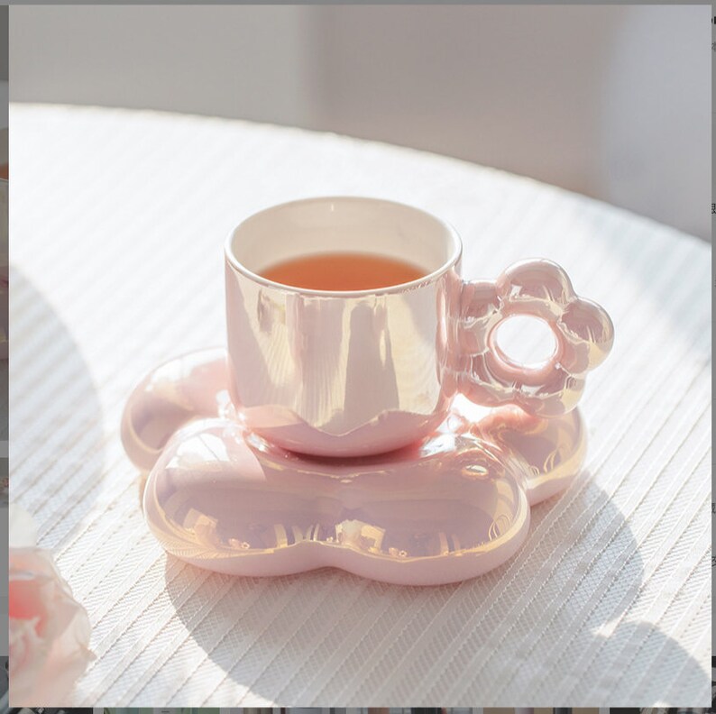 Cute Kawaii Ceramic Coffee Cup and Saucer Set Pastel Pink - Etsy