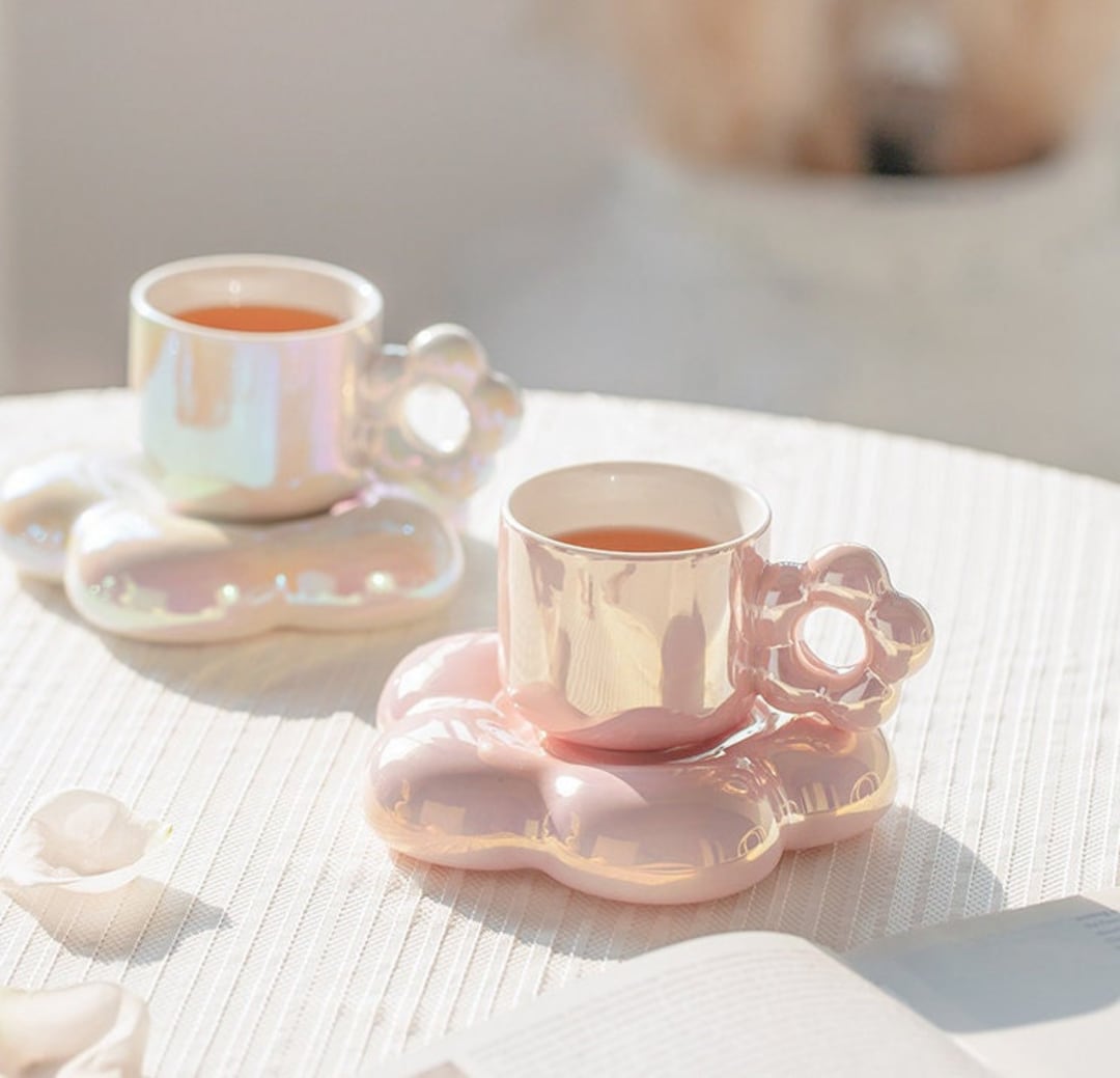 Cute Kawaii Ceramic Coffee Cup and Saucer Set Pastel Pink - Etsy