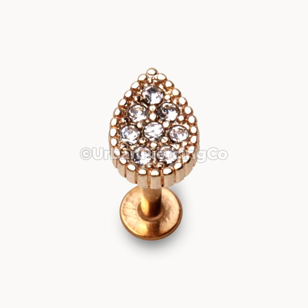 Gold Plated Glittering Teardrop Labret – CZ Lip Stud, Monroe Piercing ...