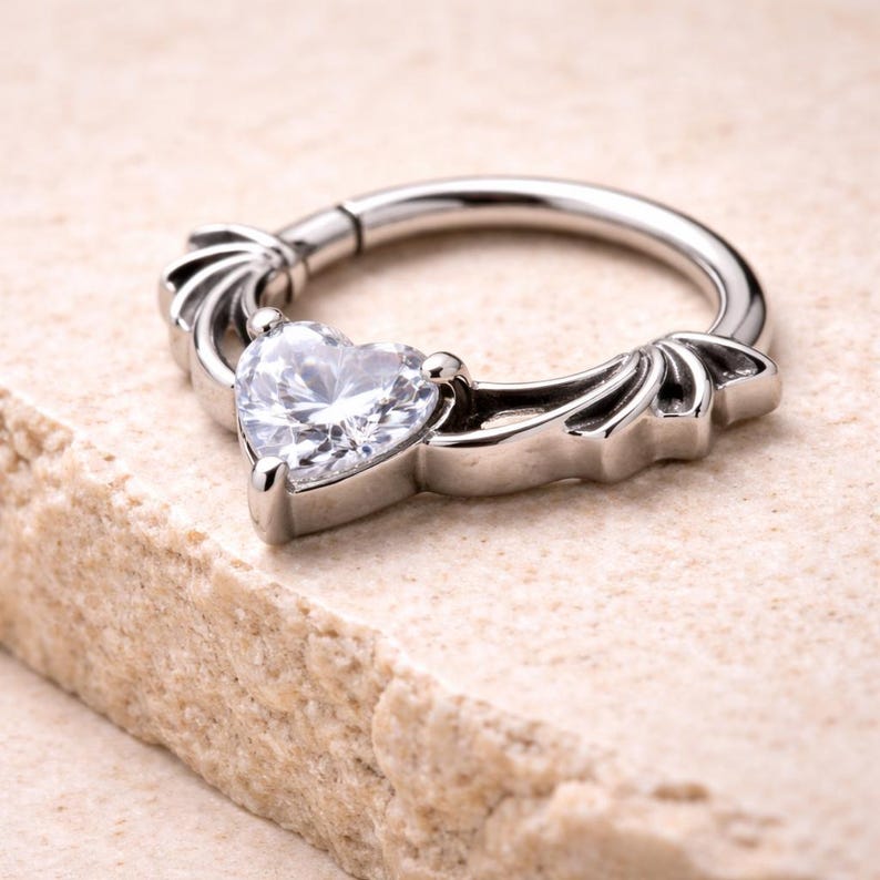 Stainless Steel Heart CZ Bat Clicker Ring 16GA | Gothic Septum Ring ...