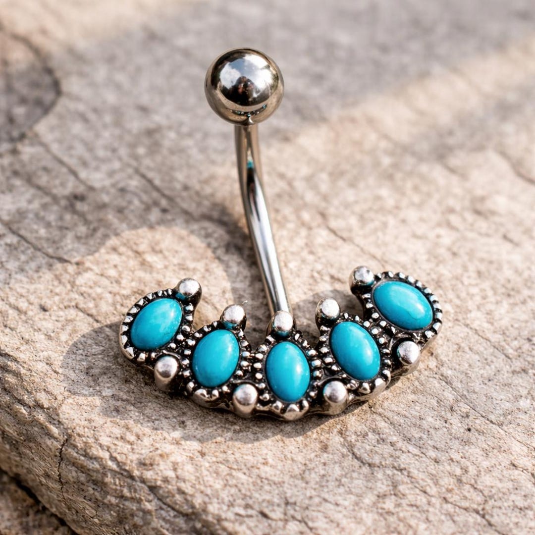 Antique Turquoise Belly Button Ring, 14G Navel Ring, Black Silver Boho ...