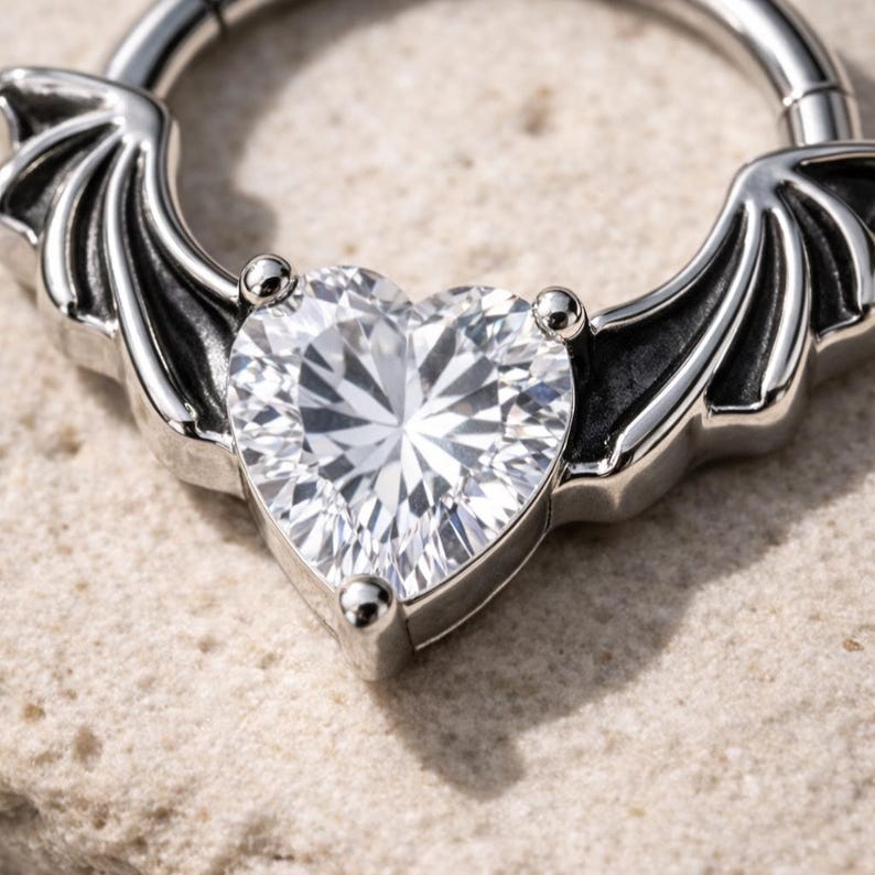 Stainless Steel Heart CZ Bat Clicker Ring 16GA | Gothic Septum Ring ...