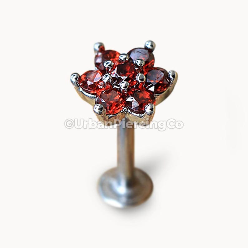 Stainless Steel Red Flower Labret – CZ Lip Ring, Monroe Piercing ...