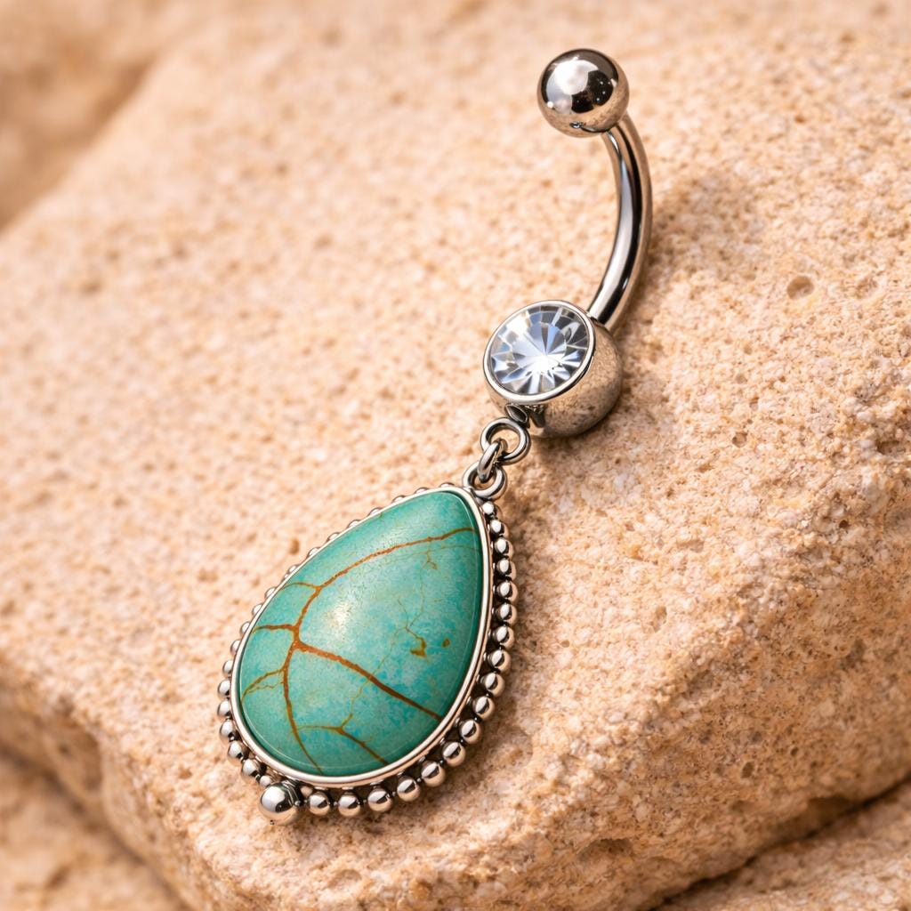 Large Turquoise Dangle Belly Button Ring, 14G Navel Ring, Blue Stone ...