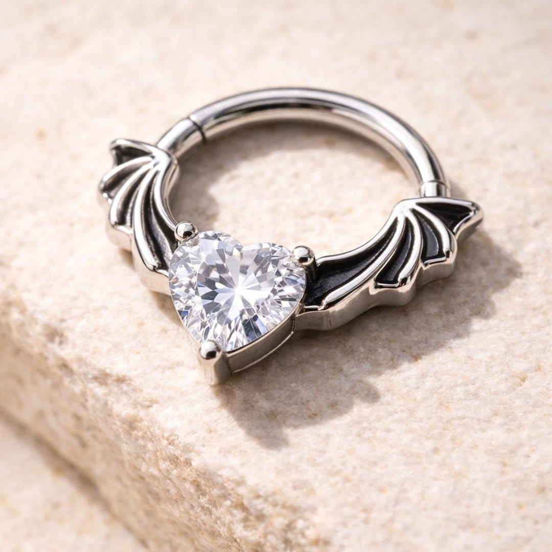 Stainless Steel Heart CZ Bat Clicker Ring 16GA | Gothic Septum Ring ...