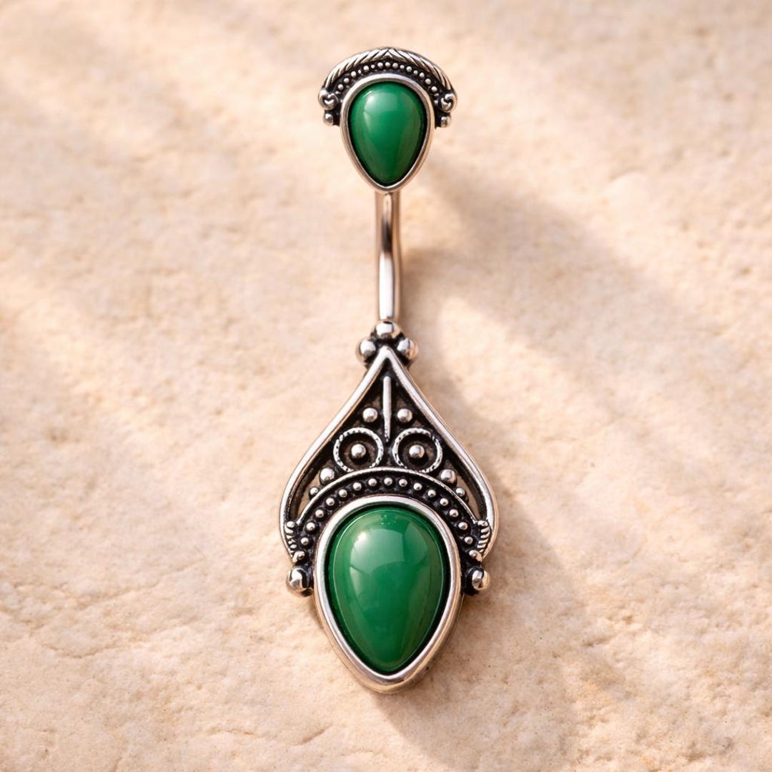 Victorian Green Belly Button Ring Antique Teardrop Navel Ring 14G ...