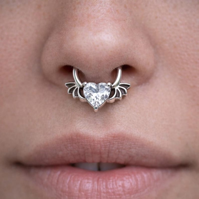 Stainless Steel Heart CZ Bat Clicker Ring 16GA | Gothic Septum Ring ...