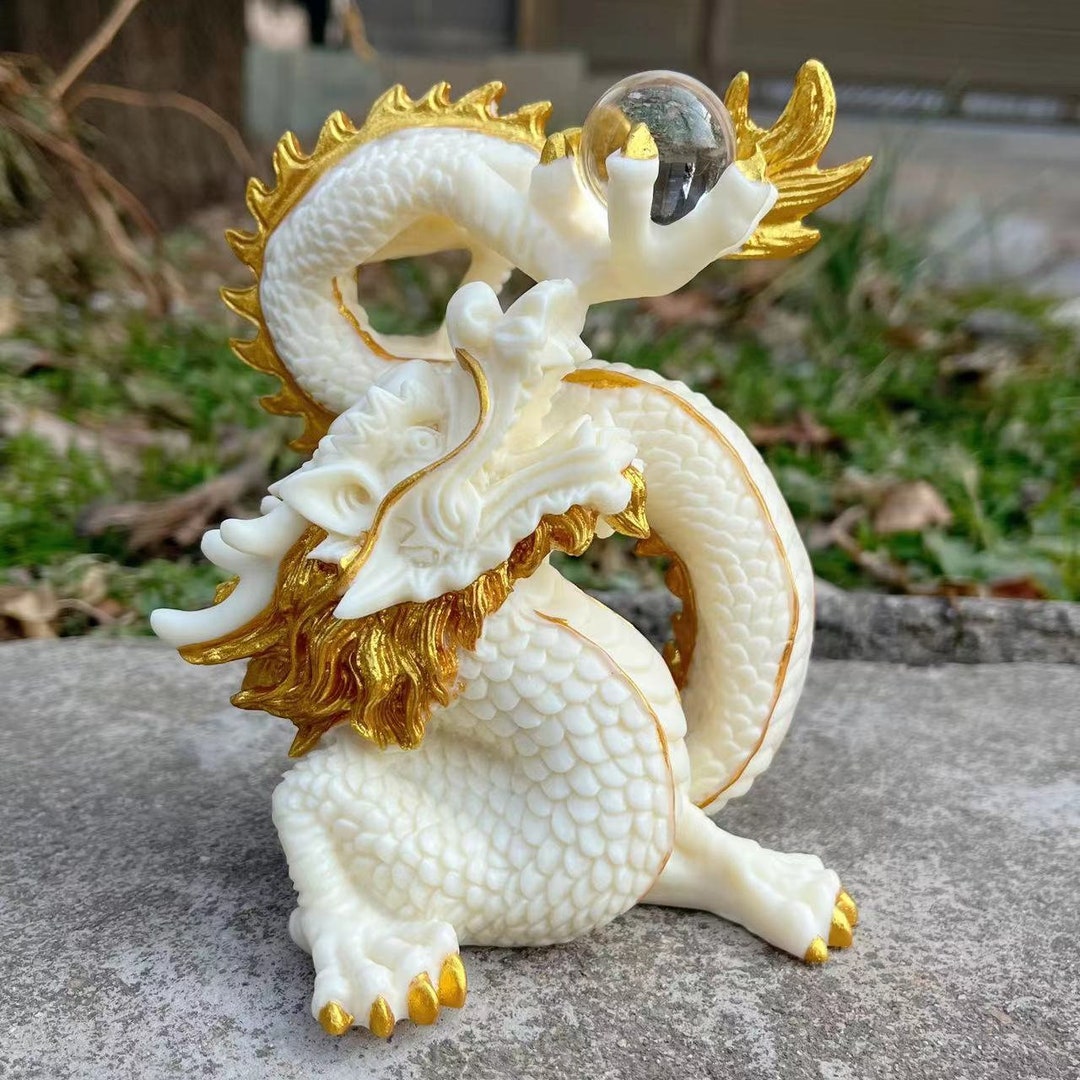 Tagua Nut Gold Plated Dragon Sculpture Animal Lifelike Statue, Feng ...