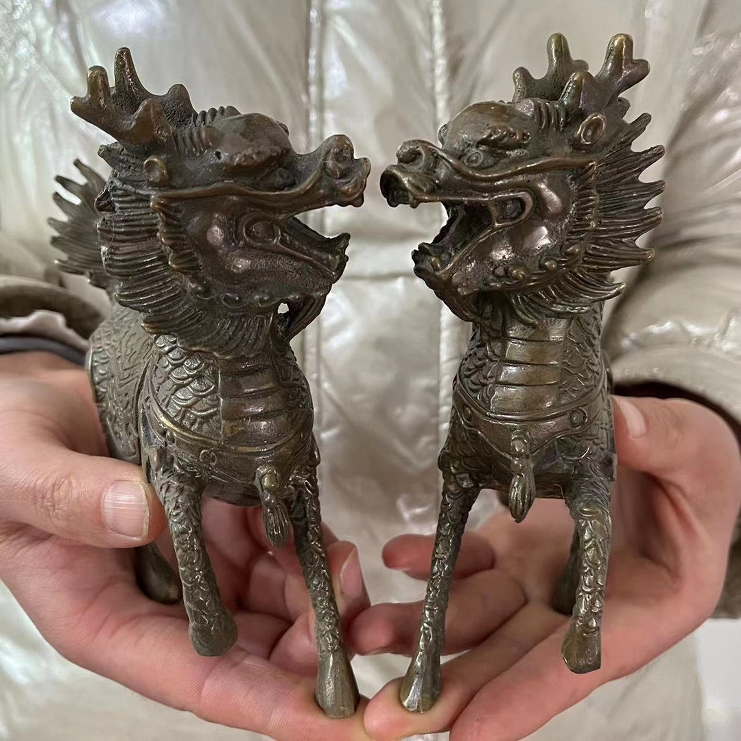A Pair Brozen Feng Shui Chi Lin Qilin Kei Loons Dragon Horse Heavenly ...