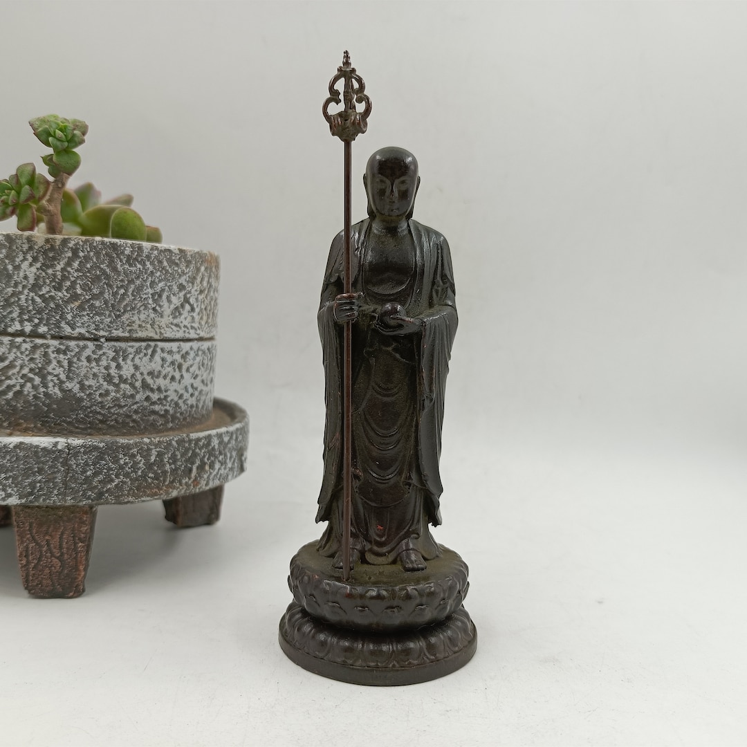 Vintage Brass Zen Staff Bodhisattva Buddha Statue, Meditation Standing ...