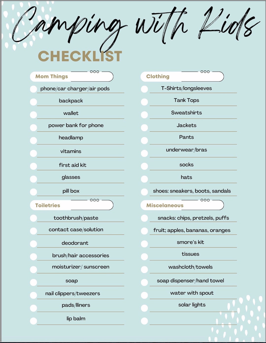 Camping With Kids Packing List - Etsy