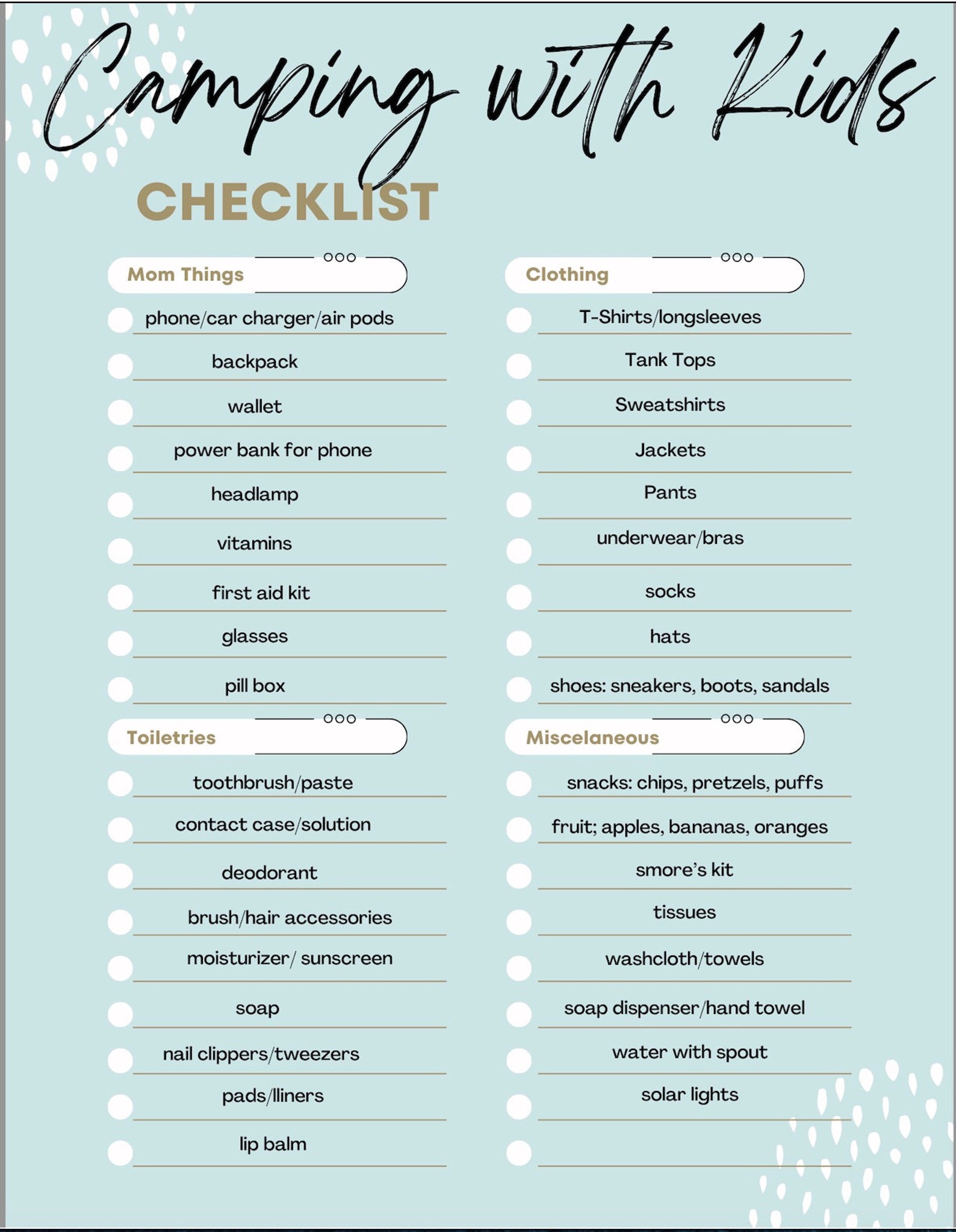 Camping With Kids Packing List - Etsy