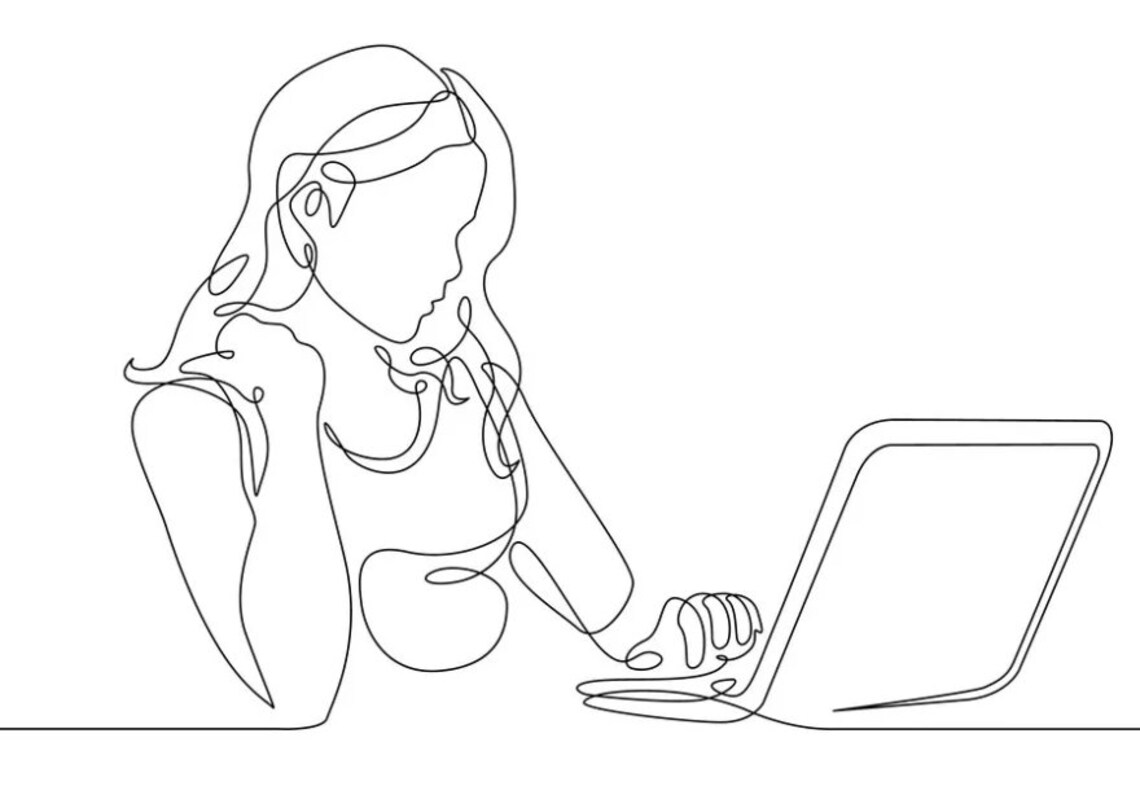 Continuous Line Drawing Girl Sits at a Laptop Image - Etsy