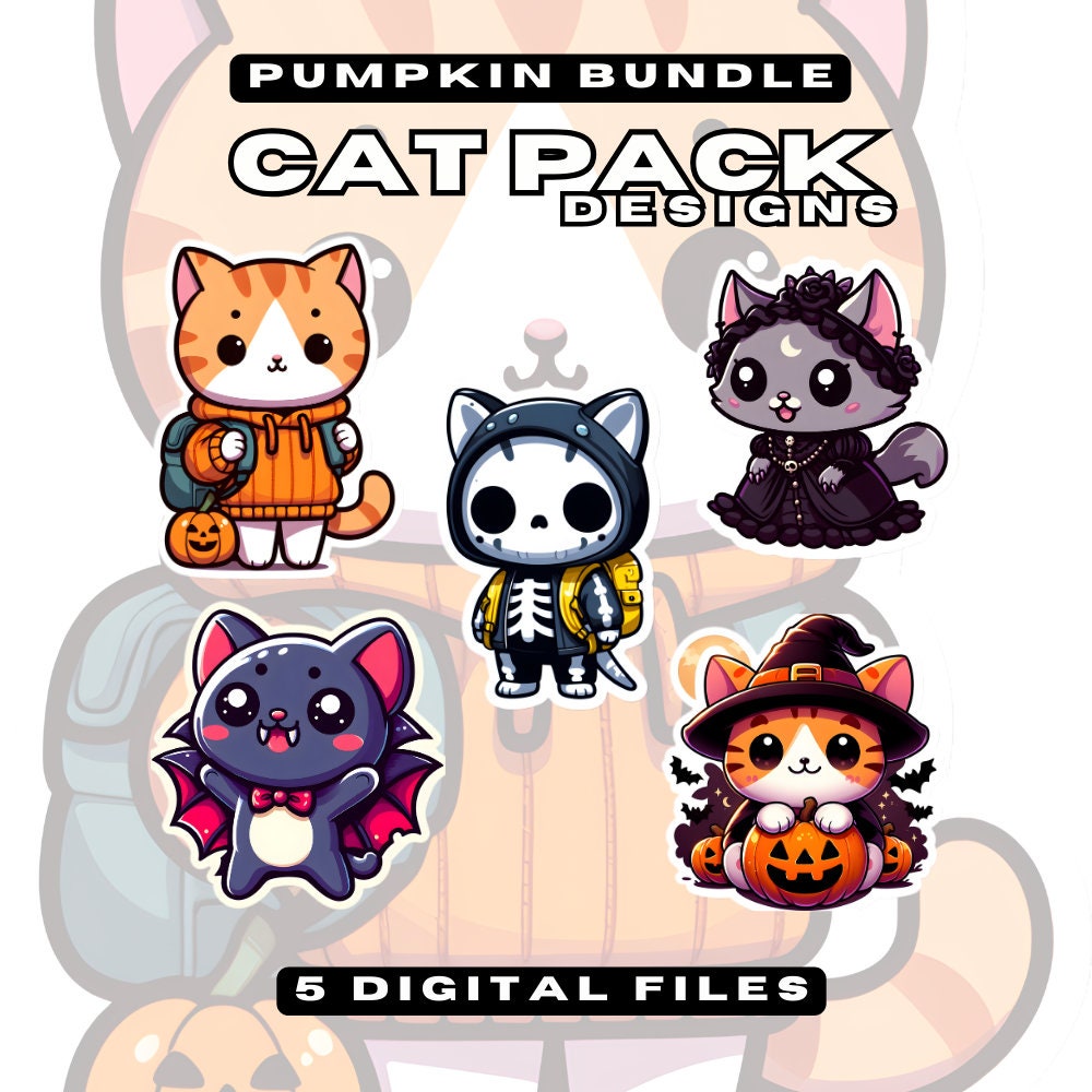5 Cute Cats Halloween Theme Printable Stickers Digital Download Clipart ...