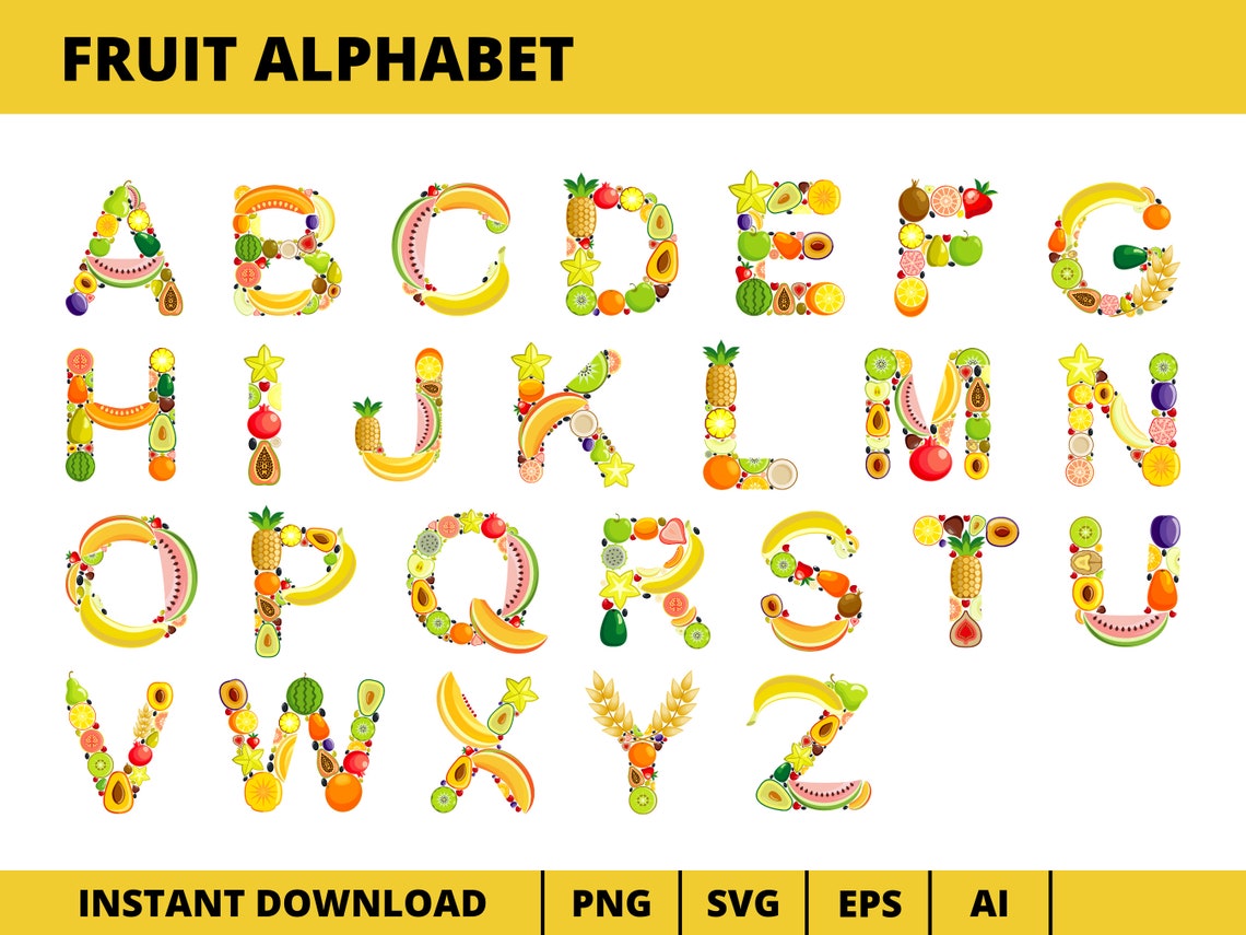 Fruit Alphabet Clipart, Fresh Fruit Alphabet Vector Png Svg Eps Ai ...