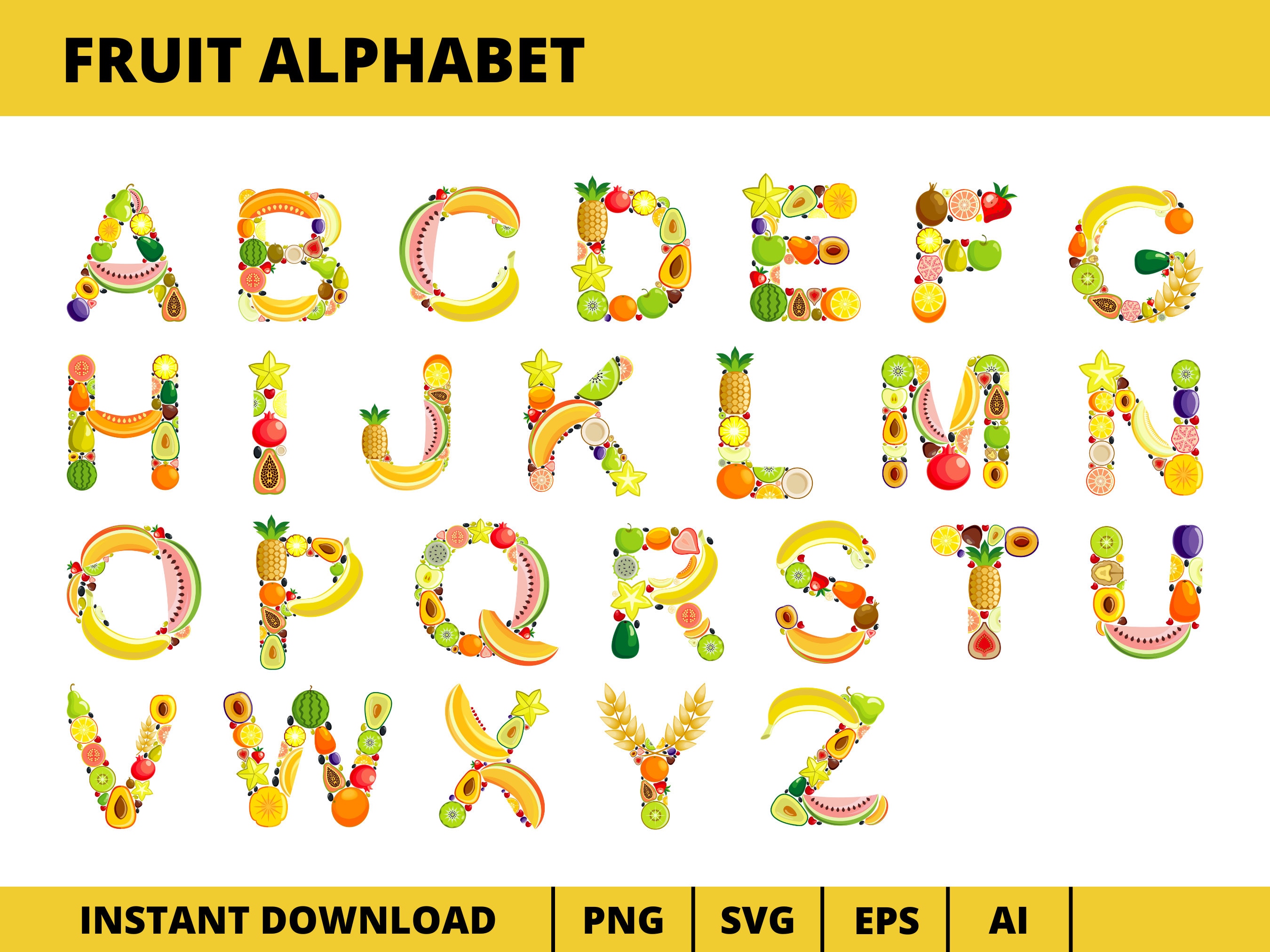 Fruit Alphabet Clipart, Fresh Fruit Alphabet Vector Png Svg Eps Ai ...