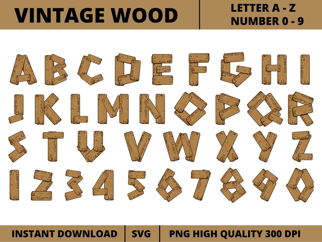 Vintage Wood Alphabet and Numbers Clipart, Wood Letters Clipart, Wood ...