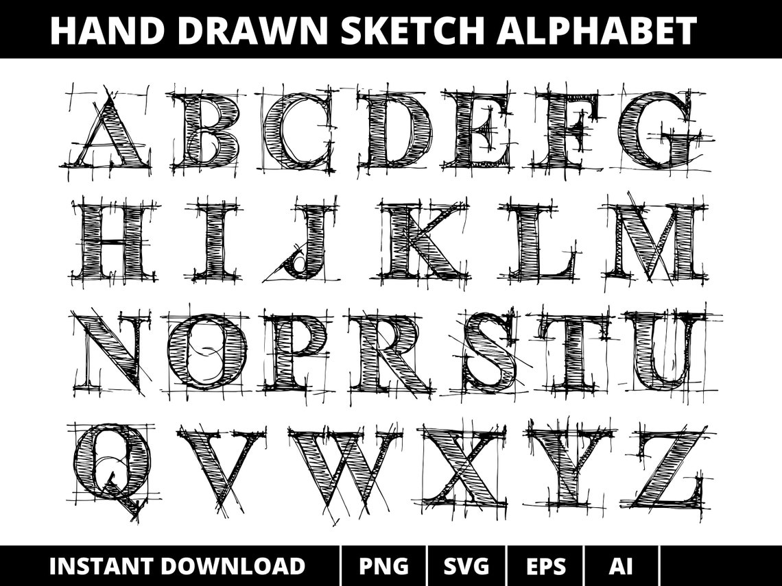 Hand Drawn Sketch Alphabet Clipart, Sketch Alphabet Vector Png Svg Eps ...