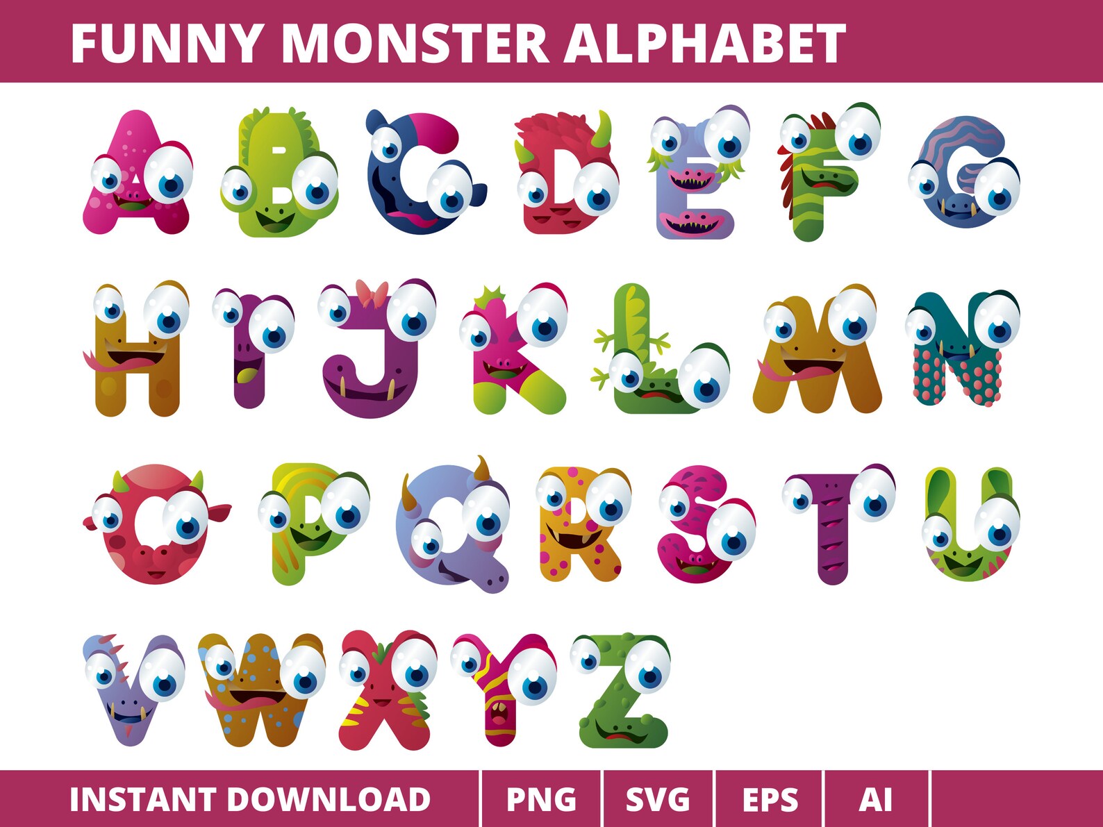 Funny Monster Alphabet Clipart, Cute Monster Alphabet Vector Png Svg ...