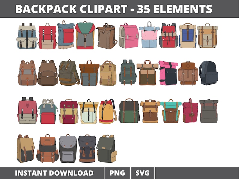 Backpack Set Clipart, Bag Png Svg, Bag Clipart, Back to School, School ...