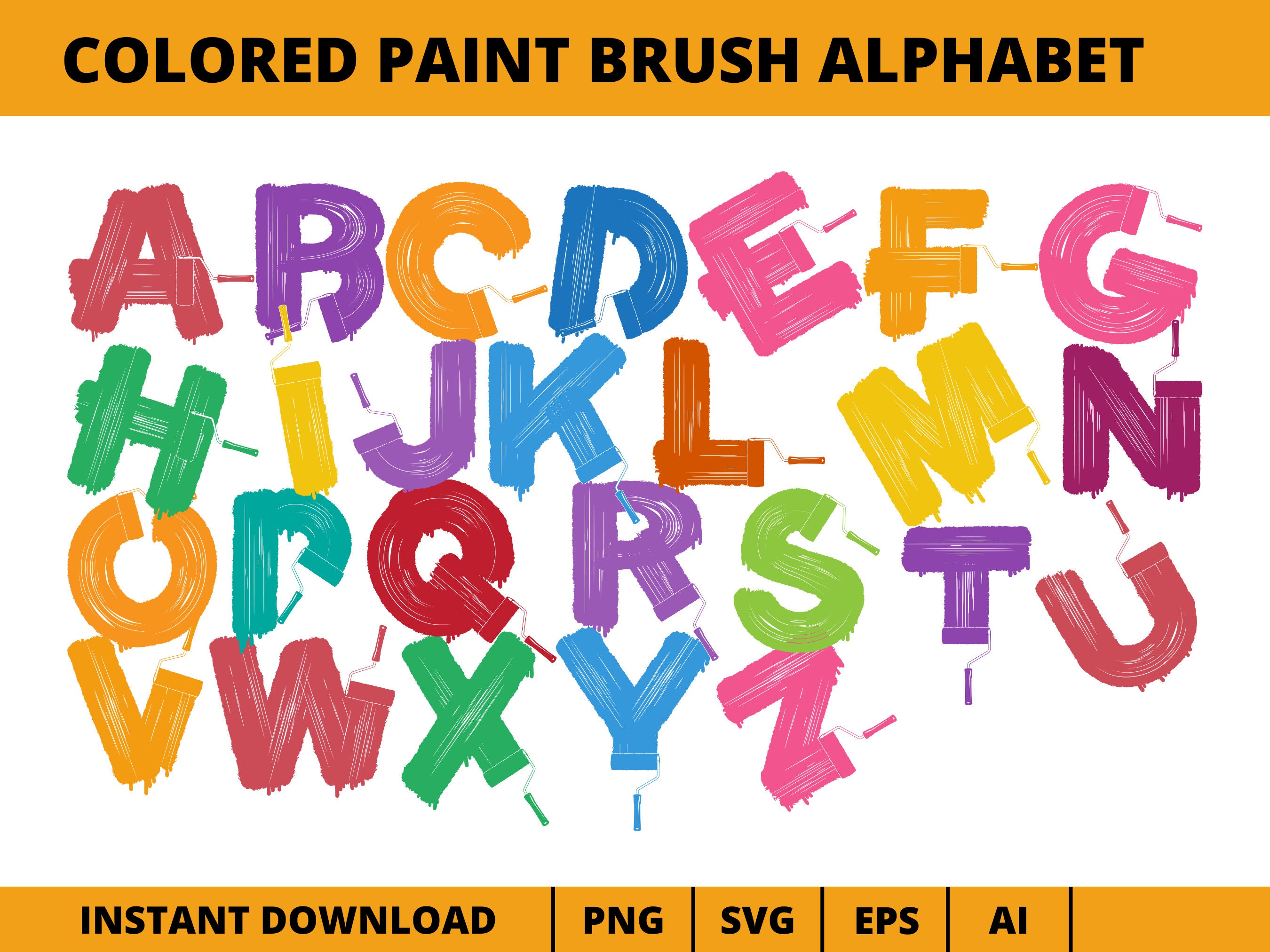 Colored Paint Brush Alphabet Clipart, Paint Brush Alphabet Vector Png ...