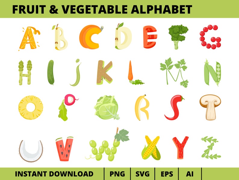 Fruit and Vegetable Alphabet Clipart, Fruit and Vegetable Alphabet ...