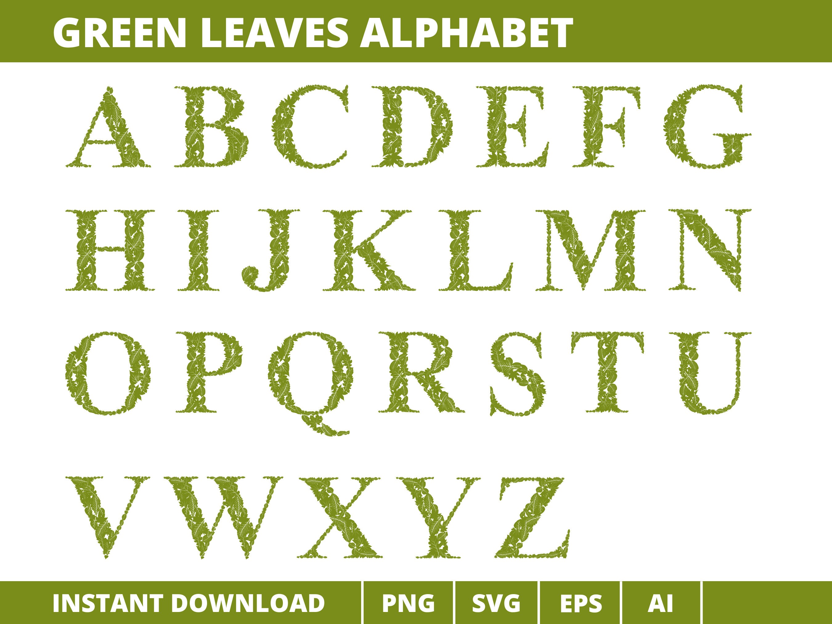 Green Leaves Alphabet Clipart, Leaf Alphabet Png Svg Eps Ai, Leaf Font ...