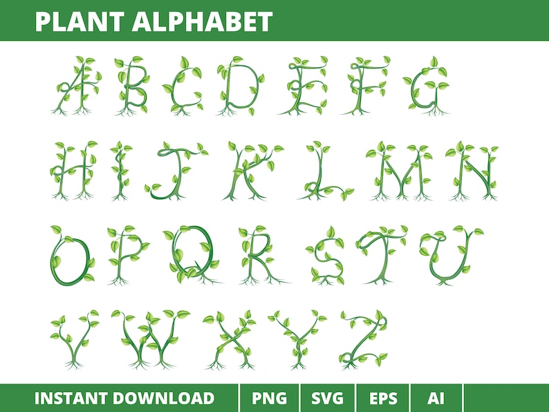 Plant Alphabet Clipart, Botanical Alphabet Vector Png Svg Eps Ai ...